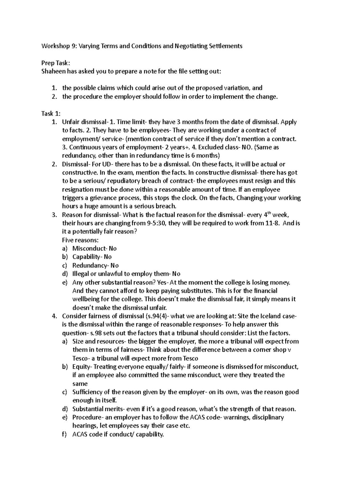 Workshop 9 own notes - Workshop 9: Varying Terms and Conditions and ...