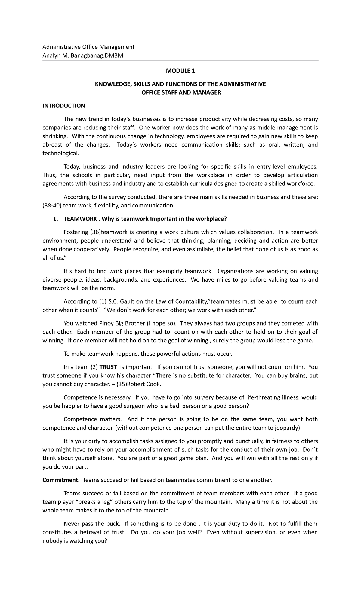 AOM Module 1 lecture - Administrative Office Management Analyn M ...