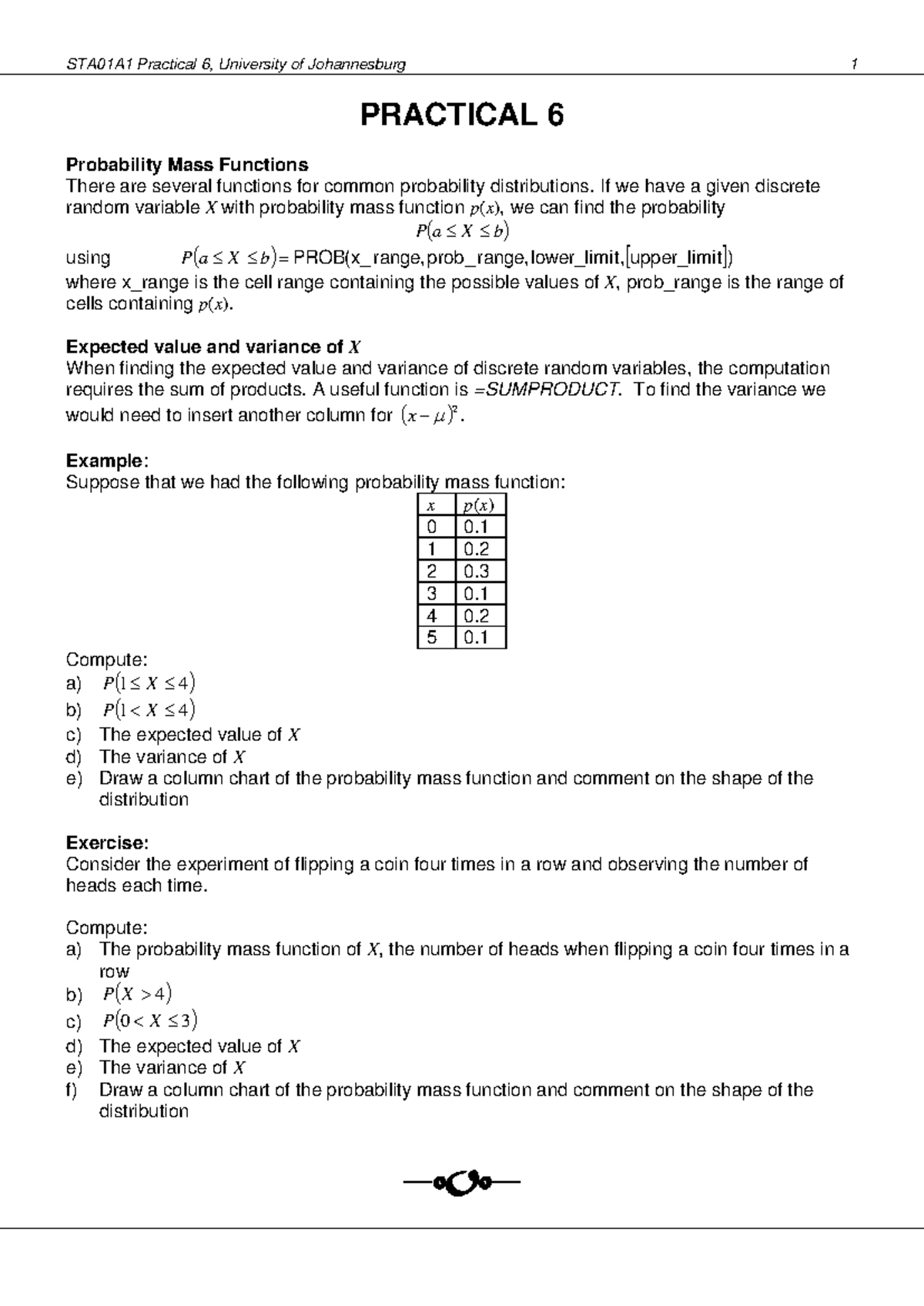 Practical 6 - Good practice for an exam - STA01A 1 Practical 6 , University of Johannesburg 1 ...