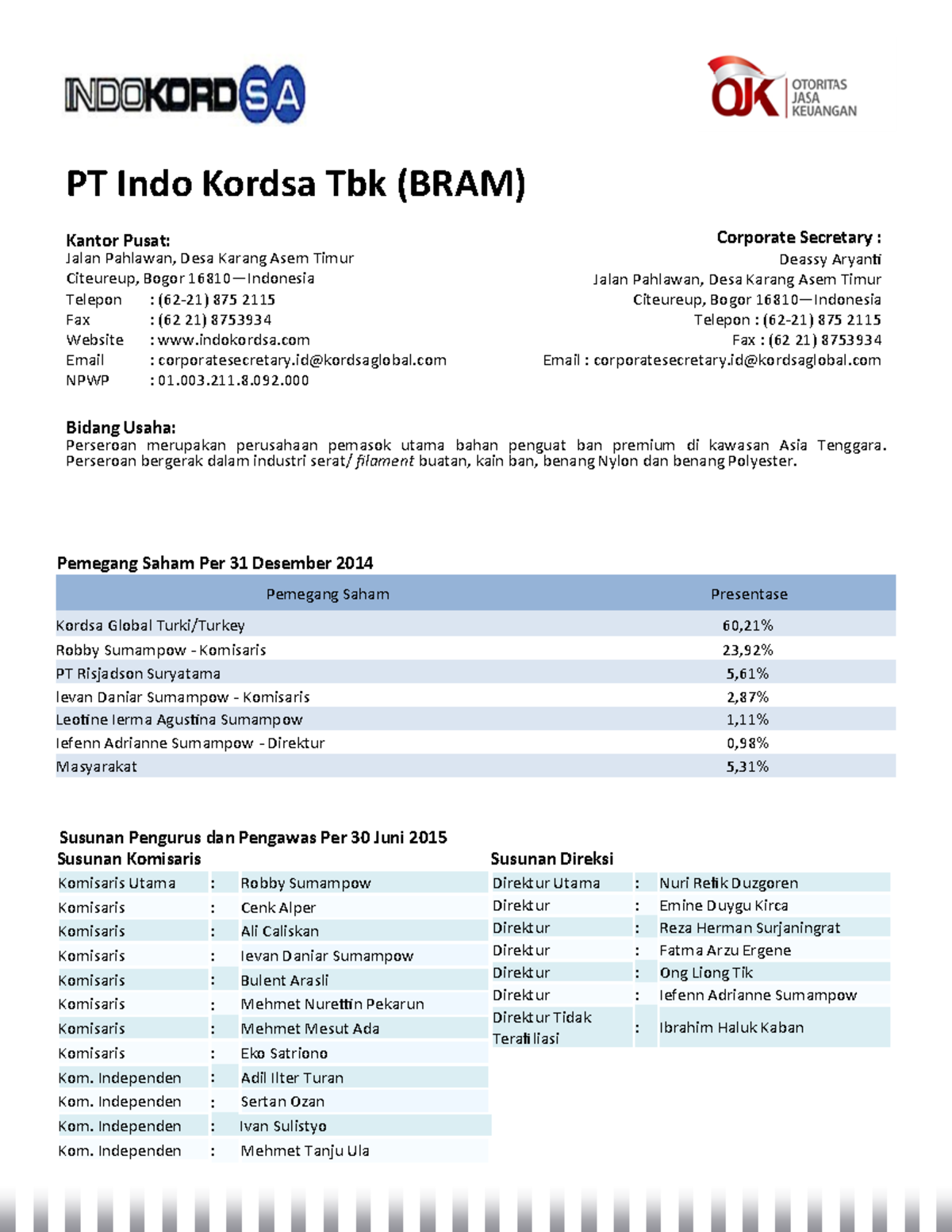 Indo Kordsa Tbk (BRAM) - Informasi perusahaan - PT Indo Kordsa Tbk ...