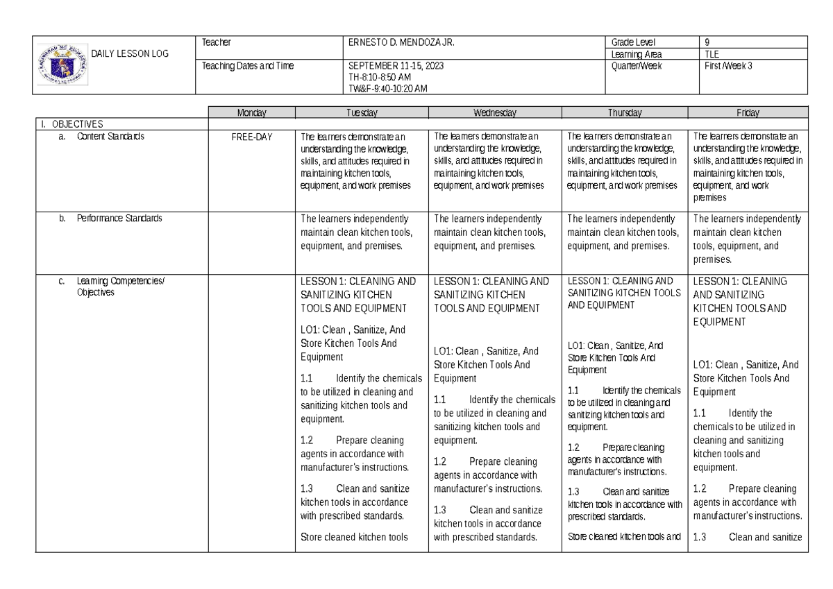 DLL Q1 TLE 9 WEEK 3 - DAILY LESSON LOG Teacher ERNESTO D. MENDOZA JR. Grade Level 9 Learning ...