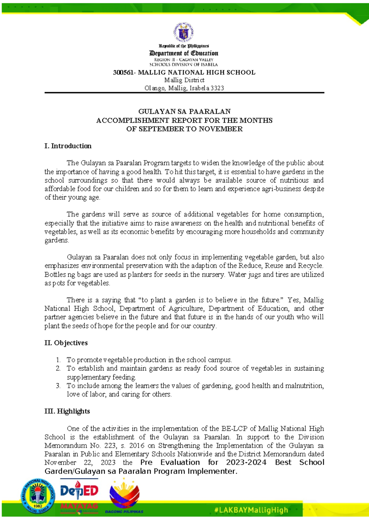 GPP Accomplishment Report - 300561- MALLIG NATIONAL HIGH SCHOOL Mallig ...