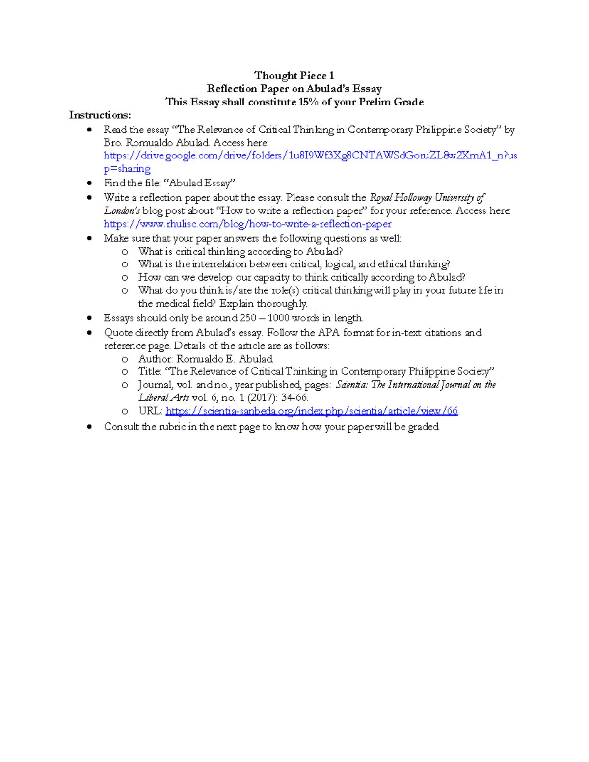 Abulad-Essay - Essay - Thought Piece 1 Reflection Paper on Abulad’s ...