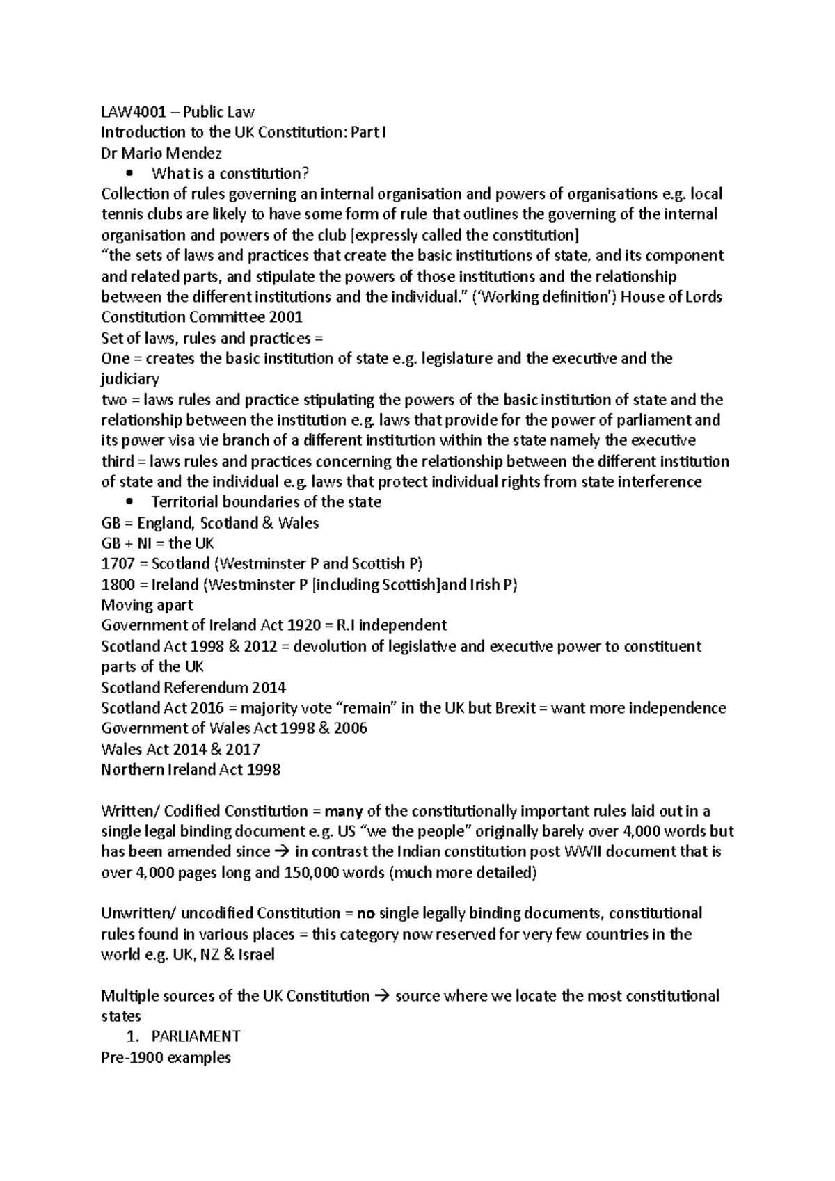 WK1-intro to constitution I (Dr Mendez) - LAW4001 – Public Law ...