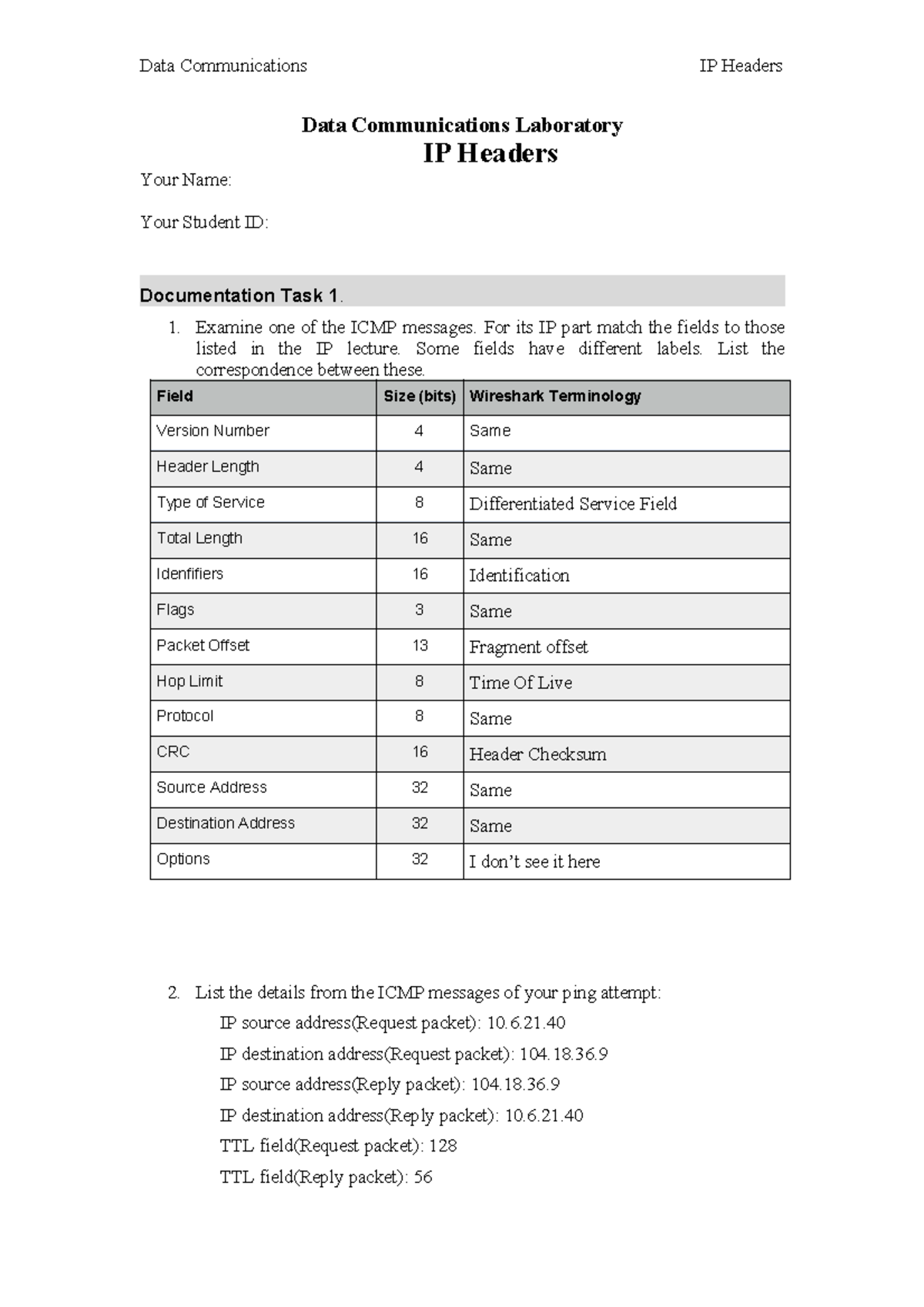 2 - week 2 - Data Communications Laboratory IP Headers Your Name: Your Student ID: Documentation ...