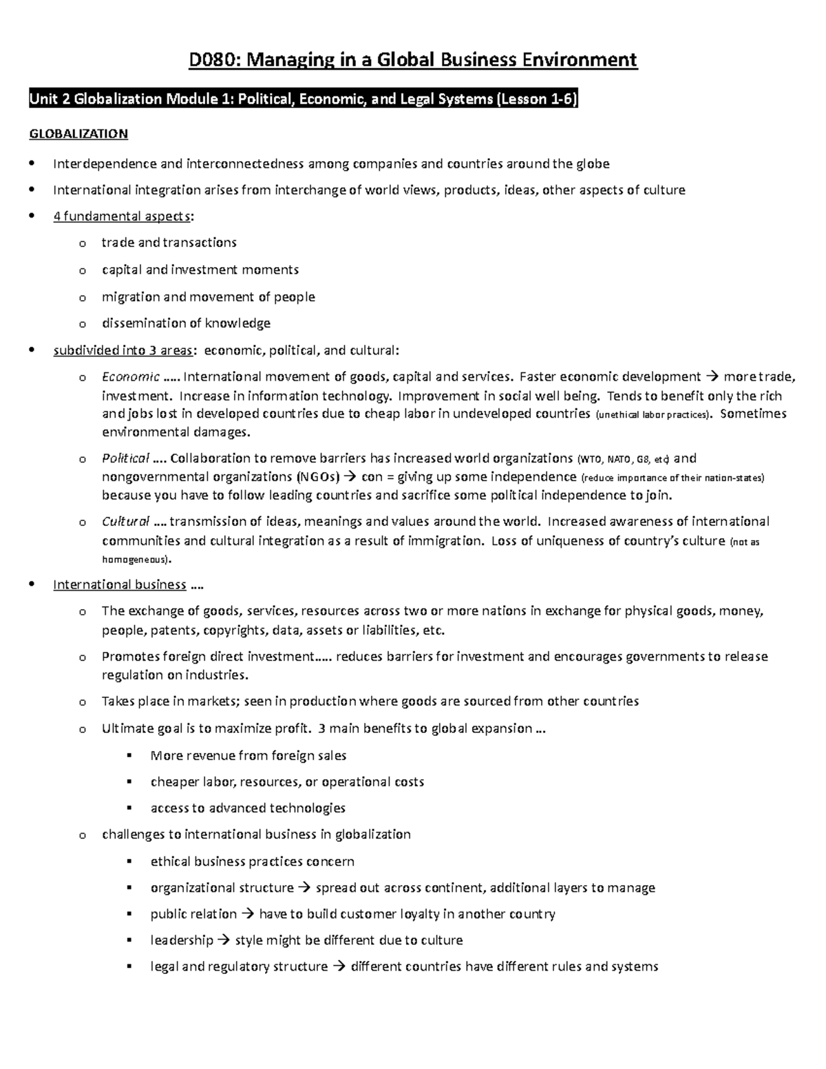 Global Business Study Guide V2 - D080: Managing in a Global Business ...