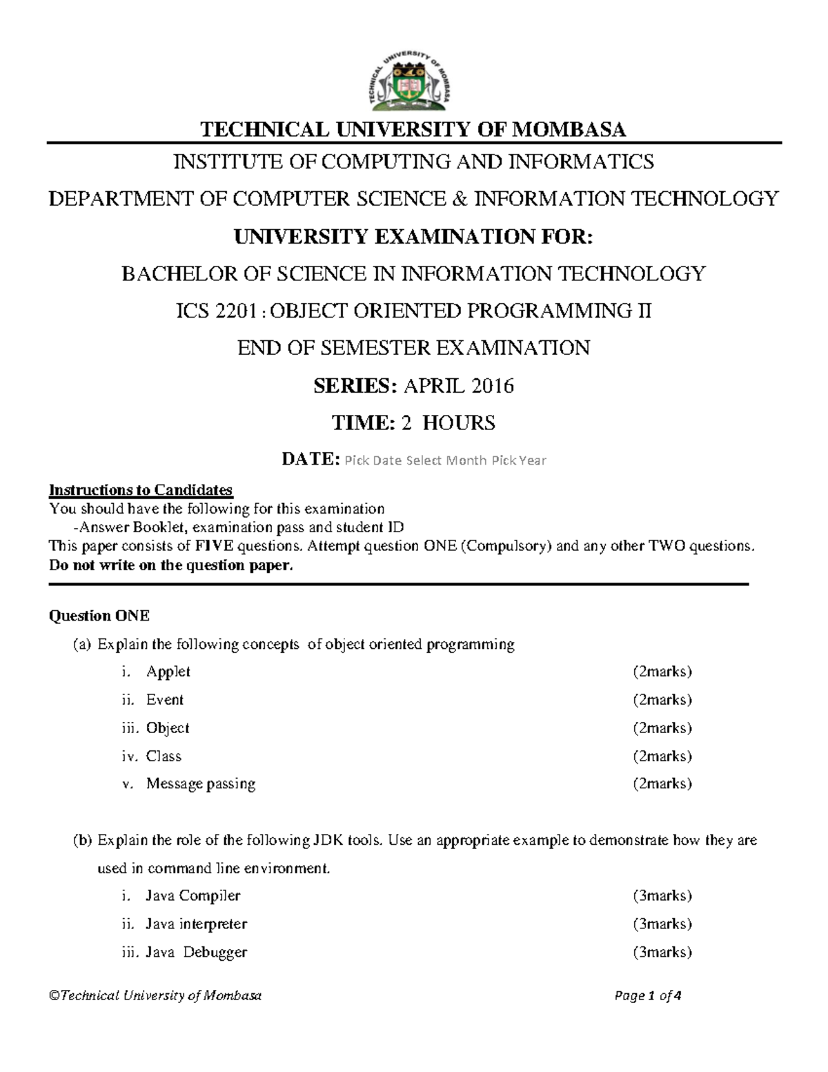 35.ICS 2201OOP II- Paper I - TECHNICAL UNIVERSITY OF MOMBASA INSTITUTE OF COMPUTING AND ...