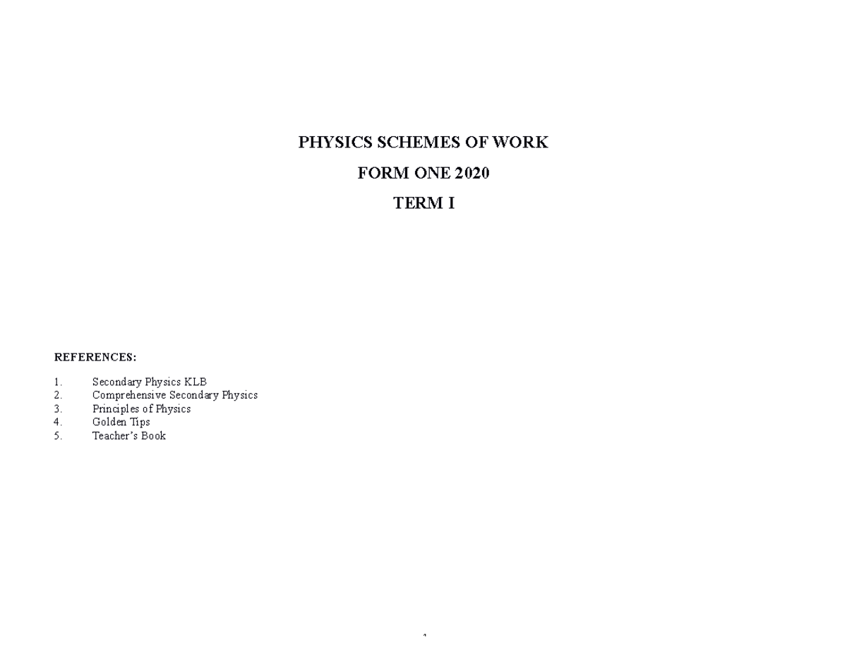 Physics Scheme Form 1 2020 Schemes OF WORK - PHYSICS SCHEMES OF WORK ...