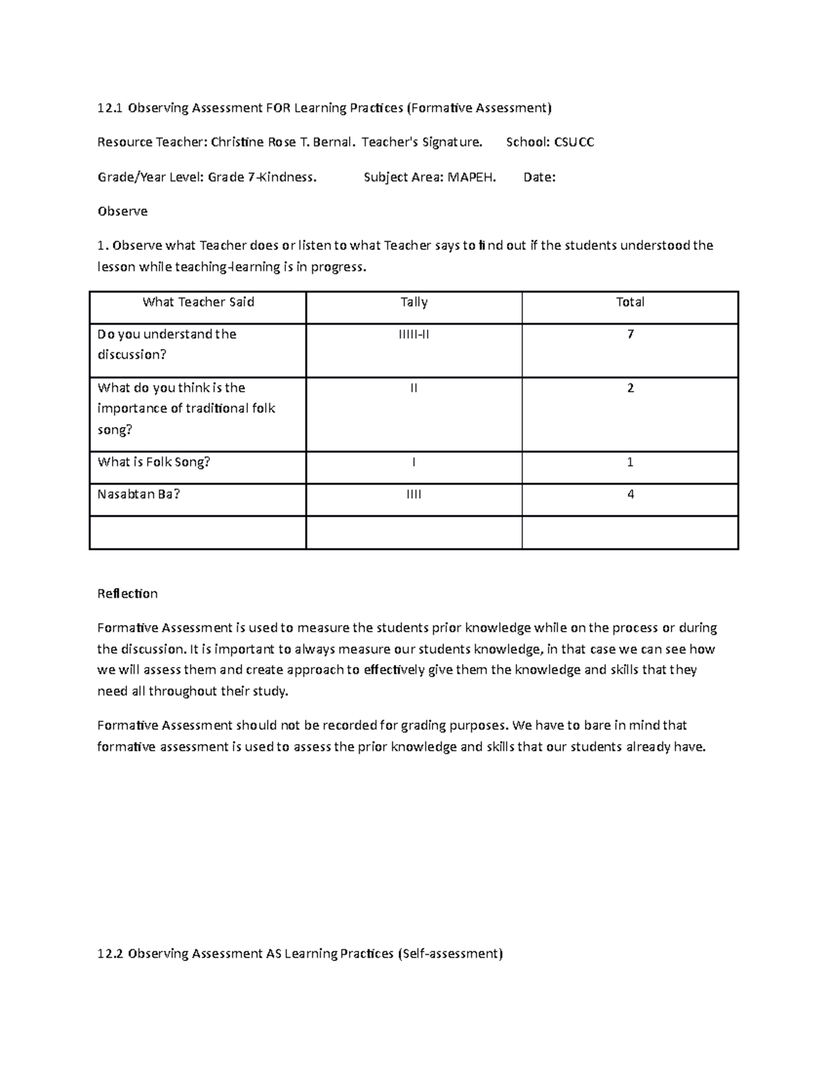Field Study Episode 12 Artifacts - 12 Observing Assessment FOR Learning Practices (Formative ...