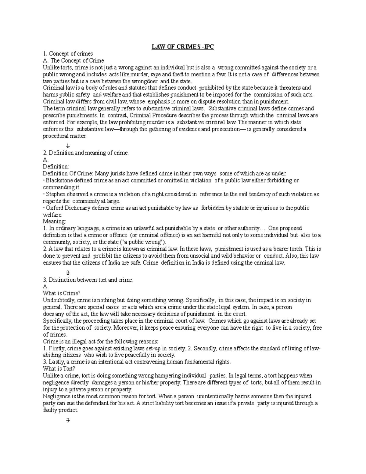 Law Of Crimes Notes LAW OF CRIMES IPC Concept Of Crimes A The