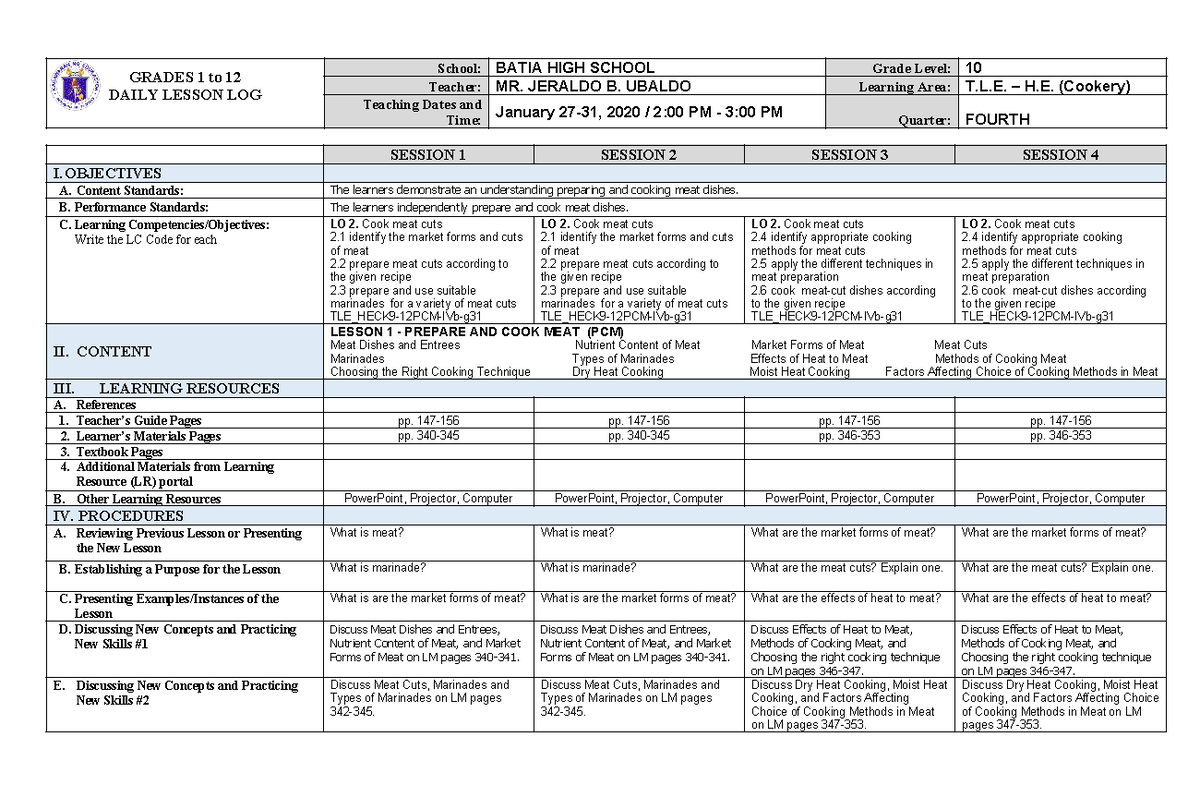 Pdfcoffee - GRADES 1 to 12 DAILY LESSON LOG School: BATIA HIGH SCHOOL Grade Level: 10 Teacher ...