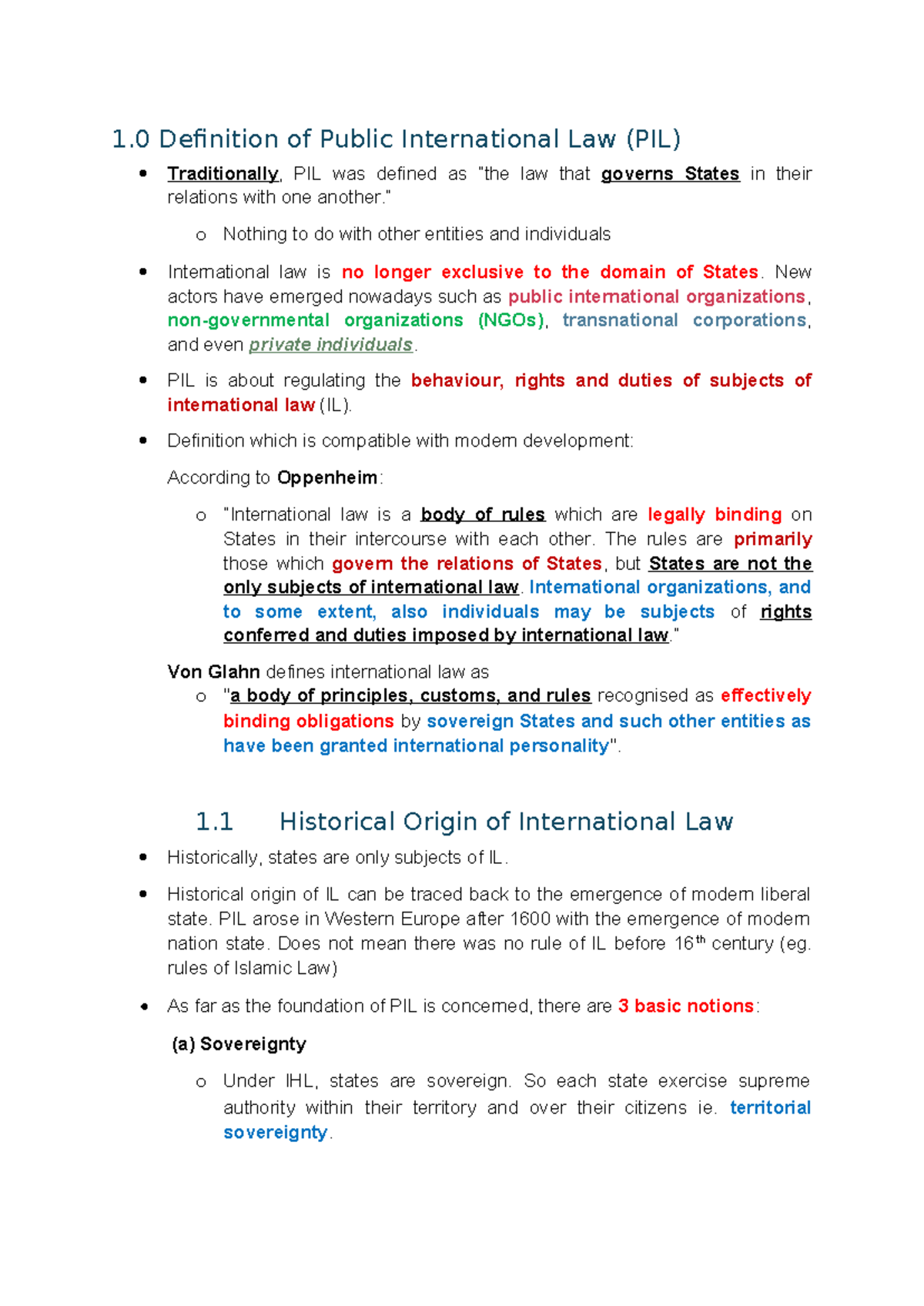 Notes - 1 Definition of Public International Law (PIL) Traditionally ...