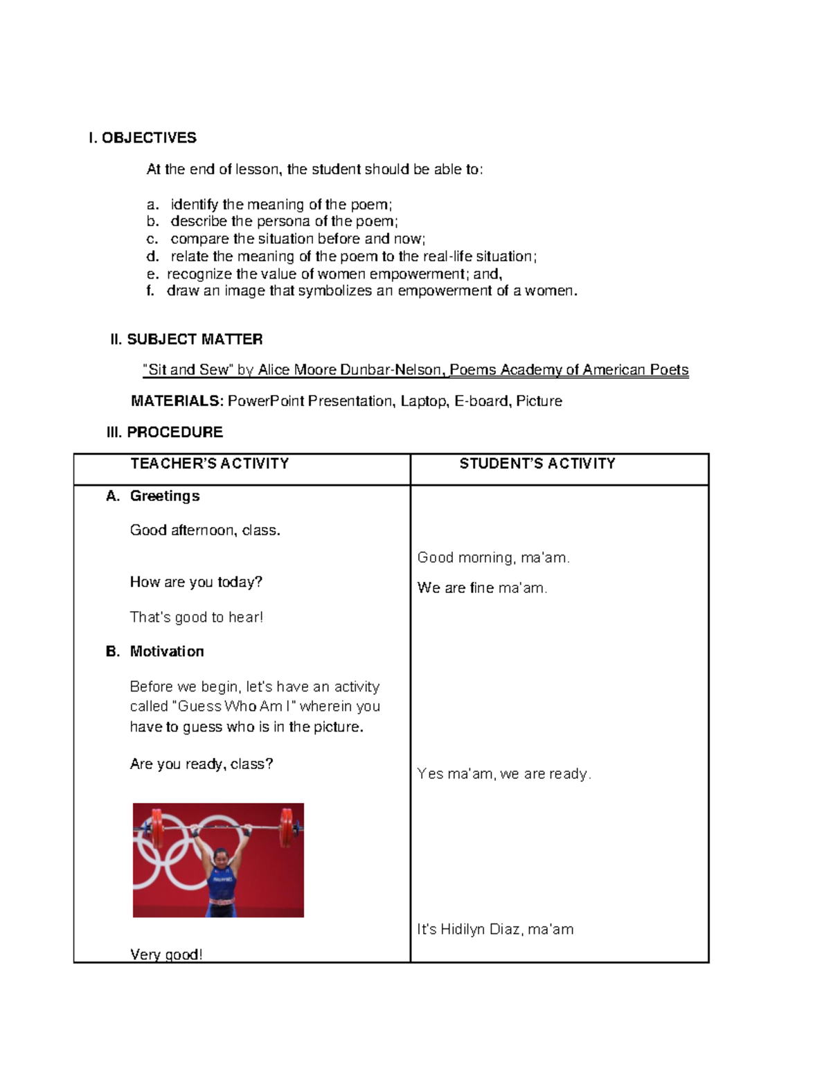 Super final I sit and sew - I. OBJECTIVES At the end of lesson, the ...