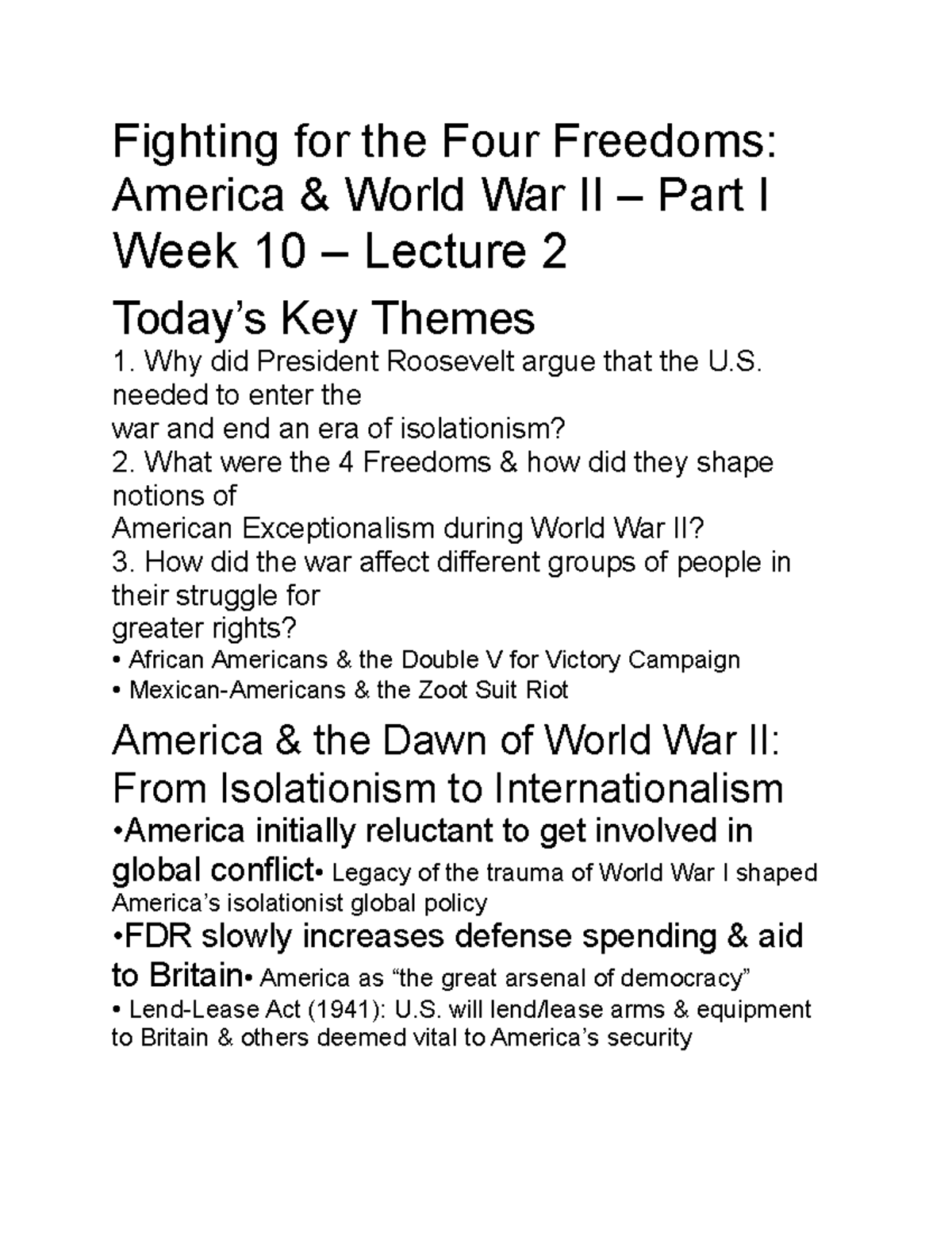 Week 10 Lecture 2 - Fighting for the Four Freedoms: America & World War ...