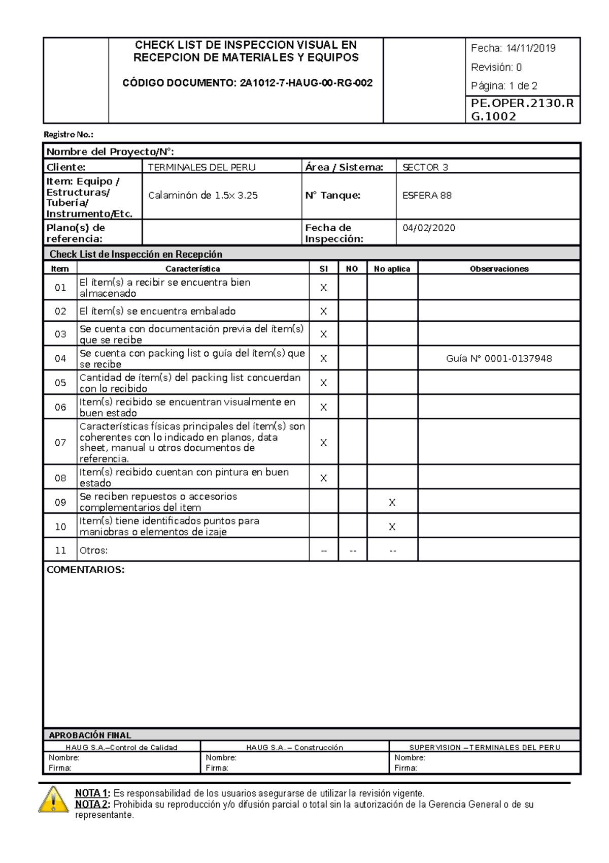 PE OPER 2130 RG 002 Check List de Inspección Visual en Recepción Rev 0 ...