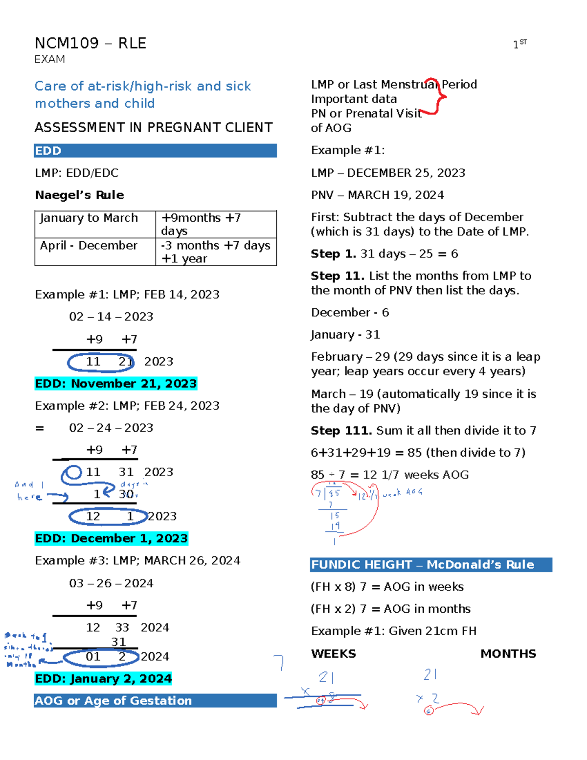 CARE OF AT RISK - NCM109 - EXAM Care of at-risk/high-risk and sick mothers and child ASSESSMENT ...