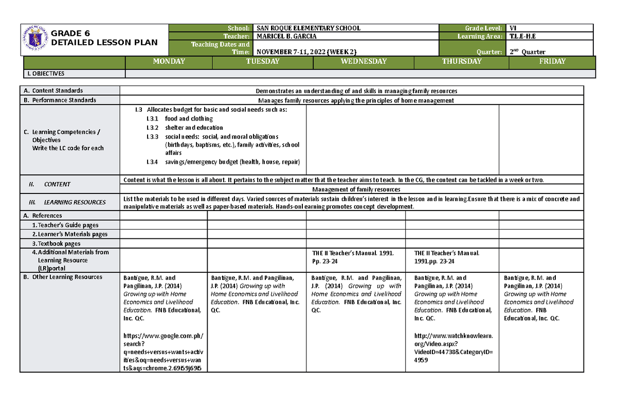 DLL TLE-HE-6 Q1 W2 - english - GRADE 6 DETAILED LESSON PLAN School: SAN ...