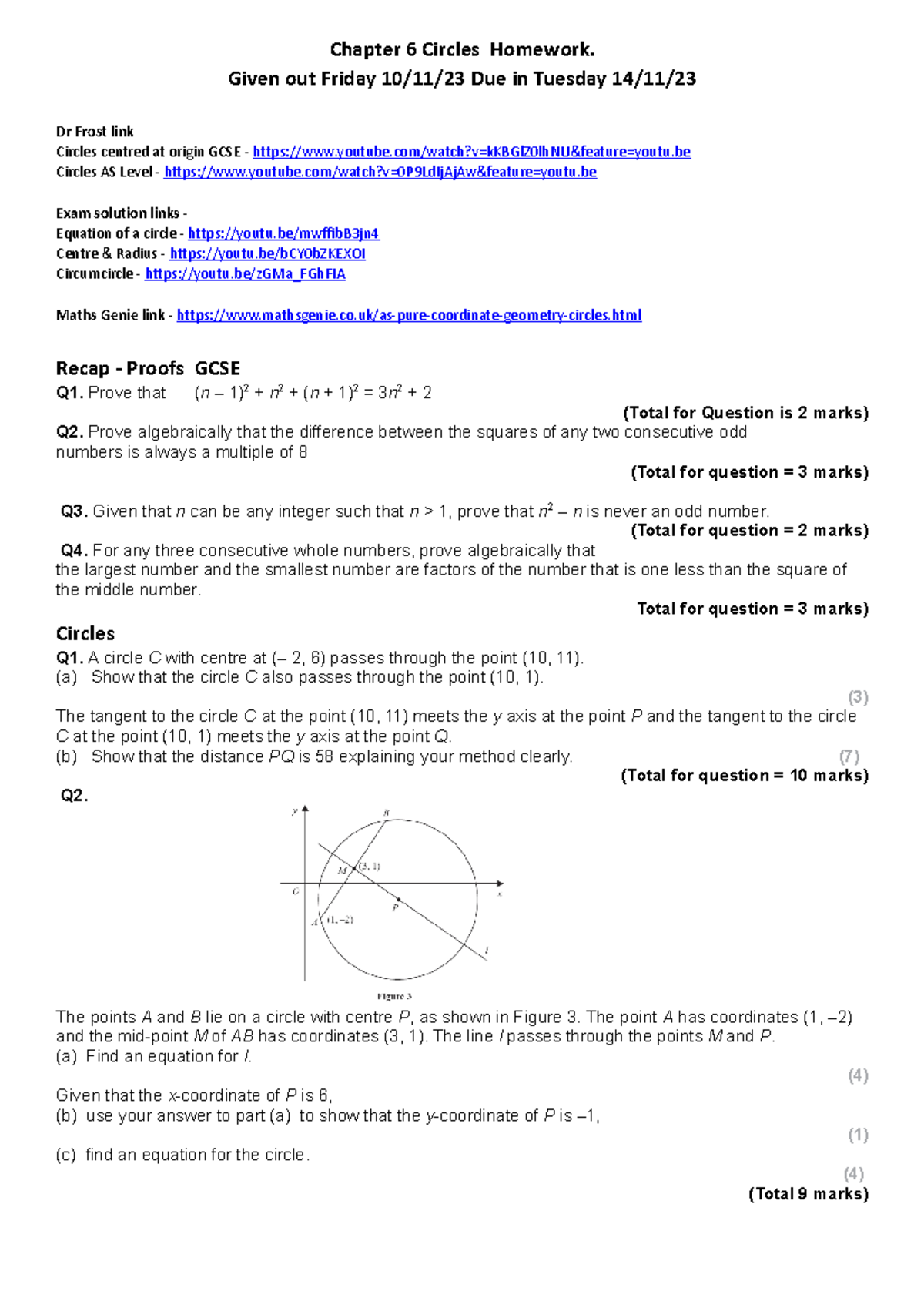 Circles HW 1 - Chapter 6 Circles Homework. Given out Friday 10/11/23 ...