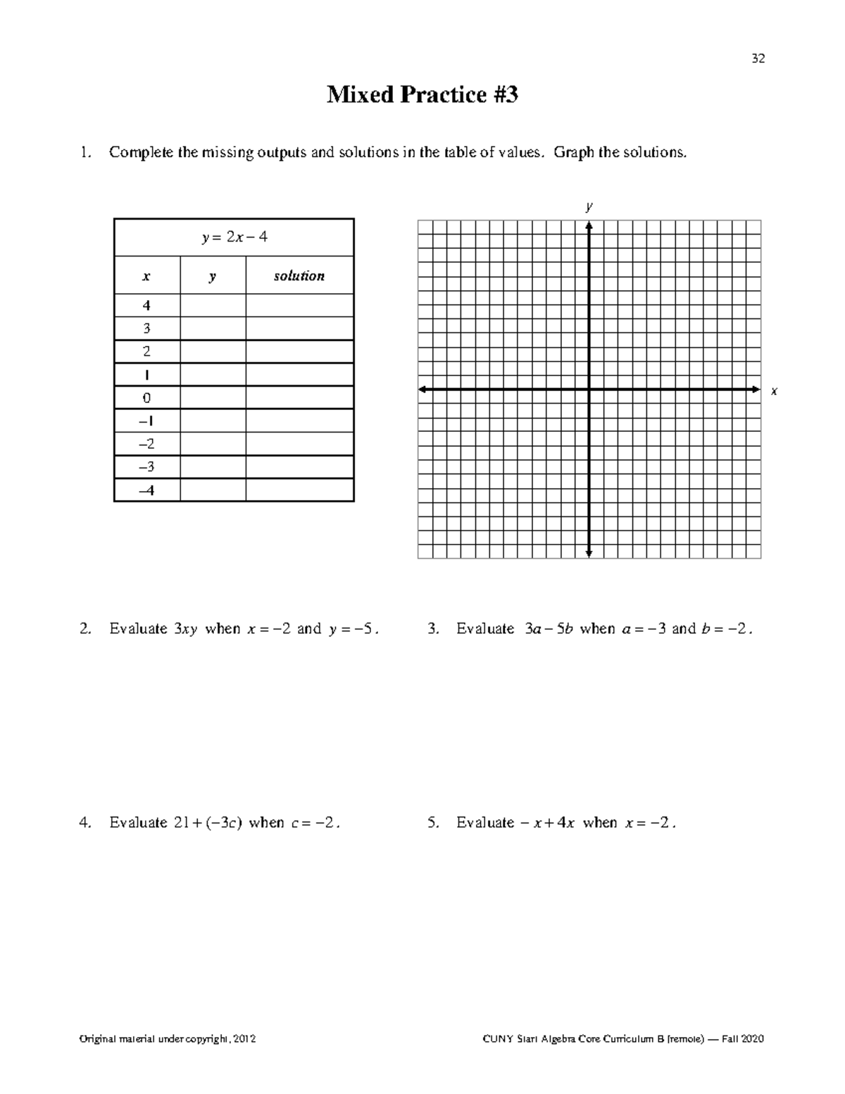 32B Mixed Practice #3 Version B-2 - Complete the missing outputs and solutions in the table of ...