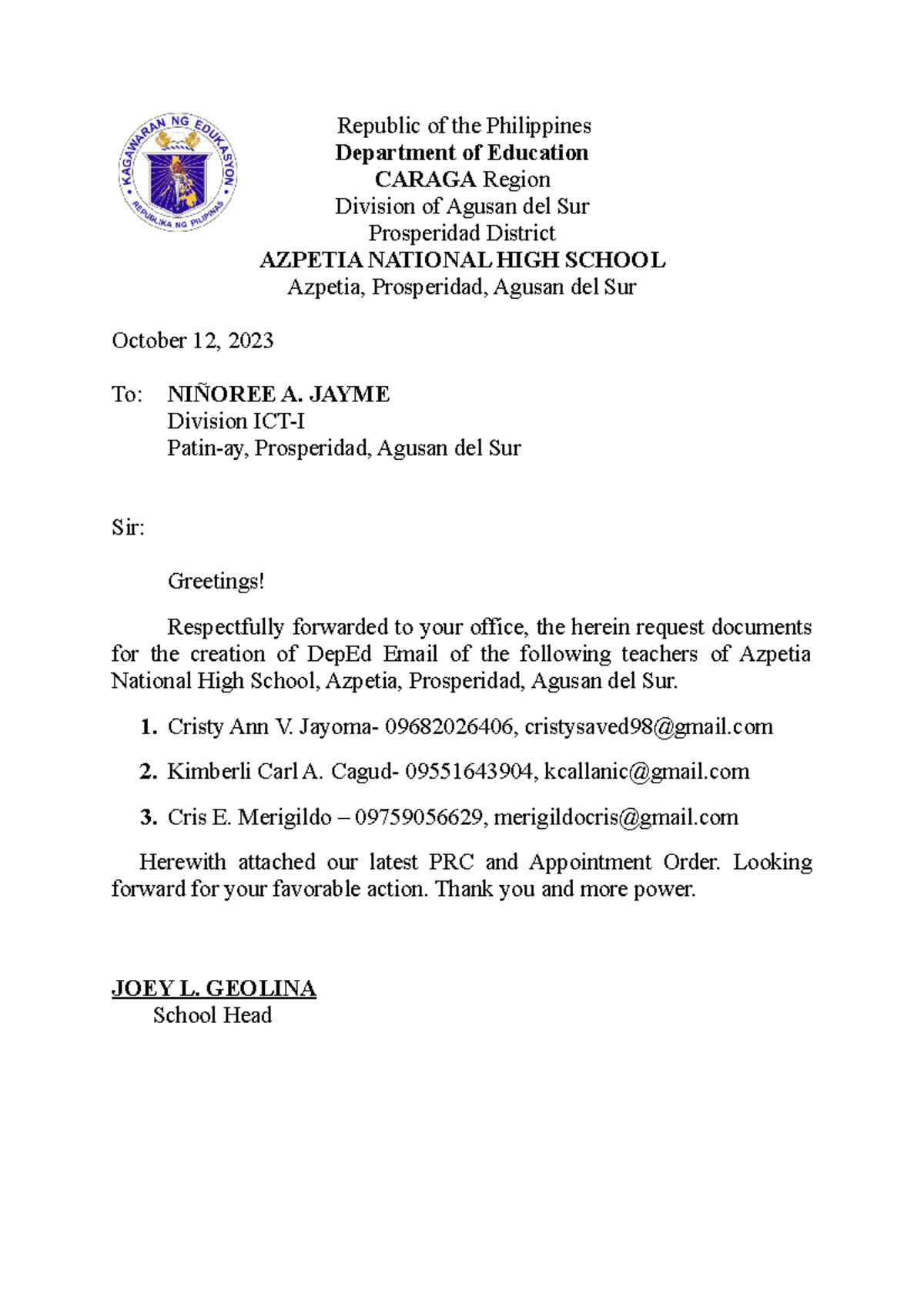 Endorsement for deped email - Republic of the Philippines Department of ...