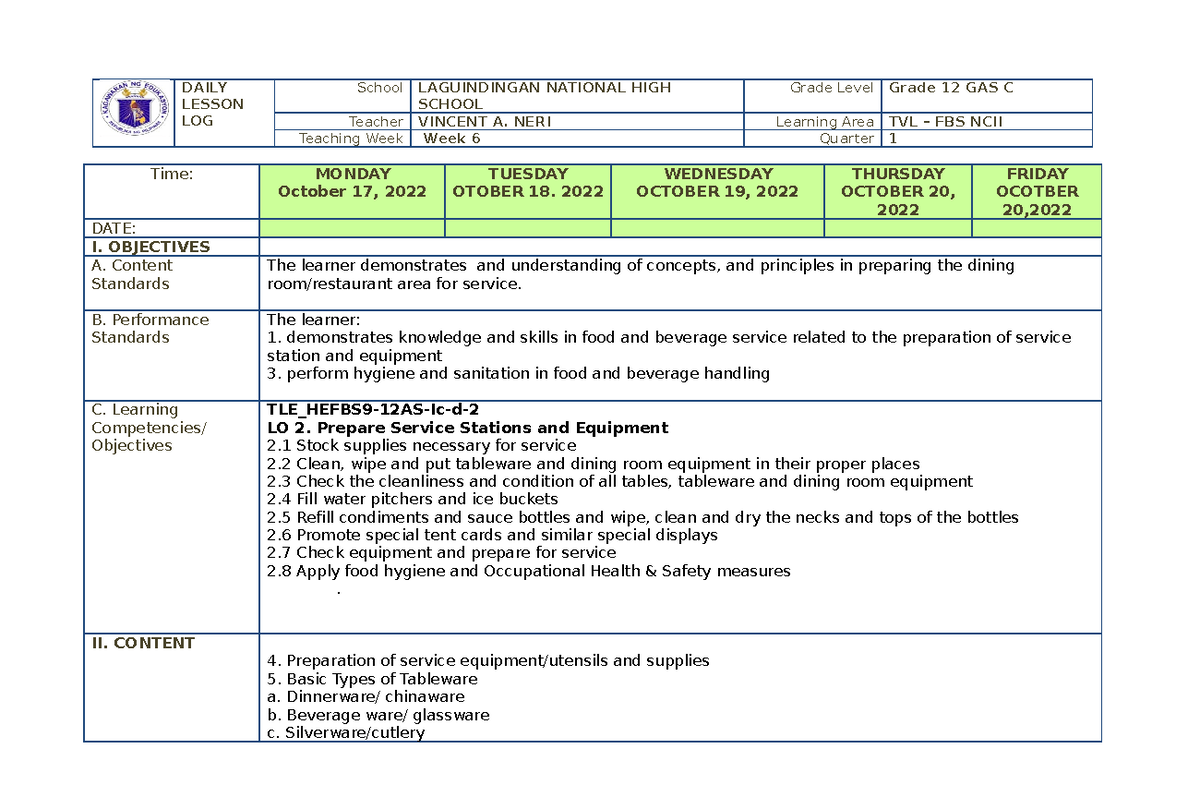 FBS DLL w6 - OKAY - DAILY LESSON LOG School LAGUINDINGAN NATIONAL HIGH ...