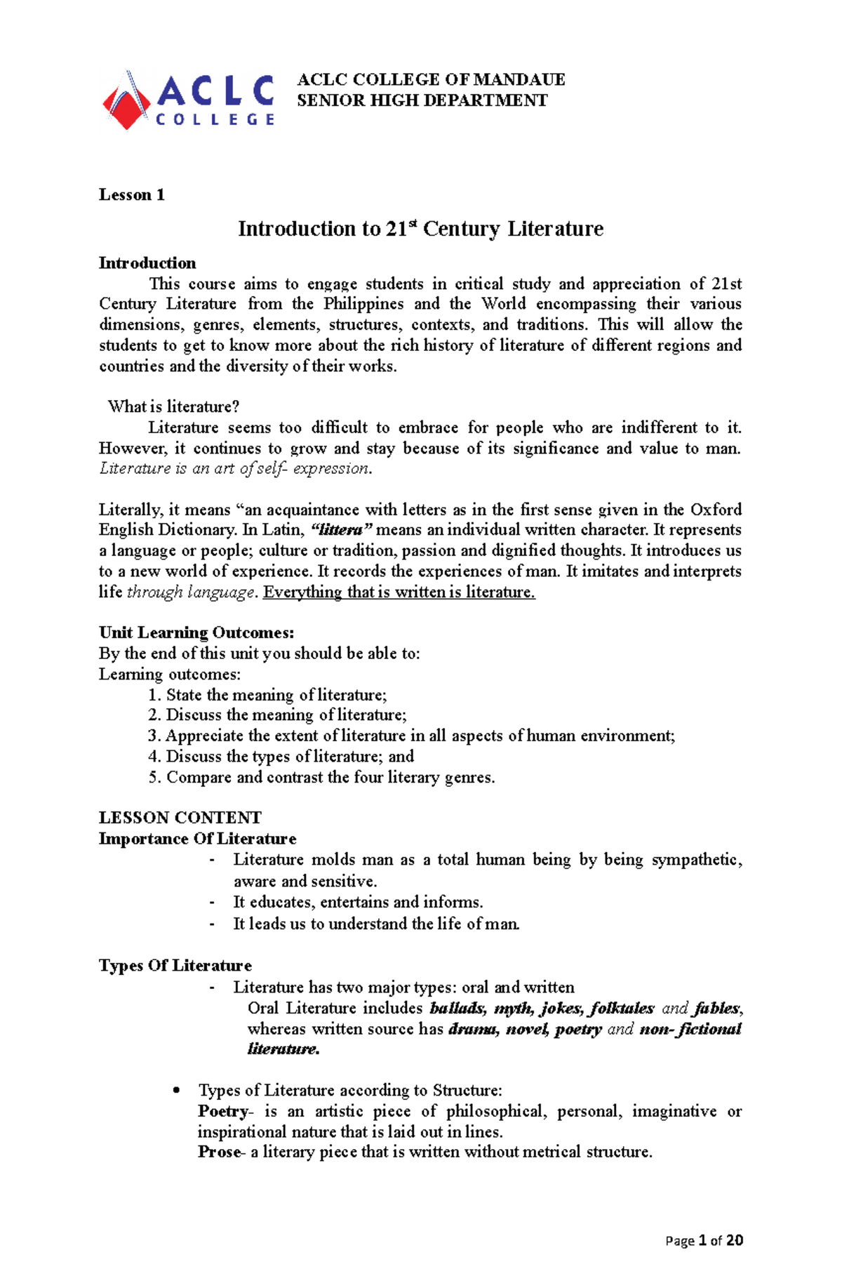 Lessons 21st Century Literature - Copy - ACLC COLLEGE OF MANDAUE SENIOR ...