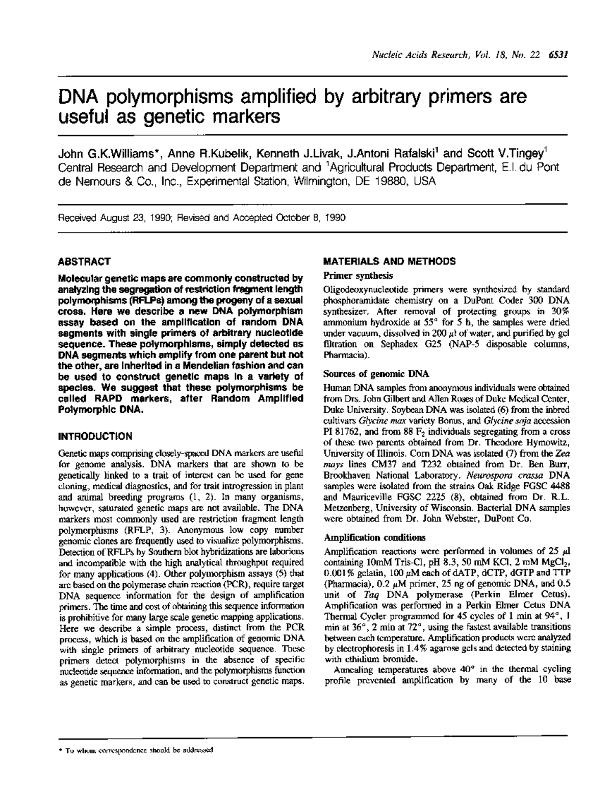 DNA polymorphisms amplified by arbitrary - K*, Anne R, Kenneth J, J ...