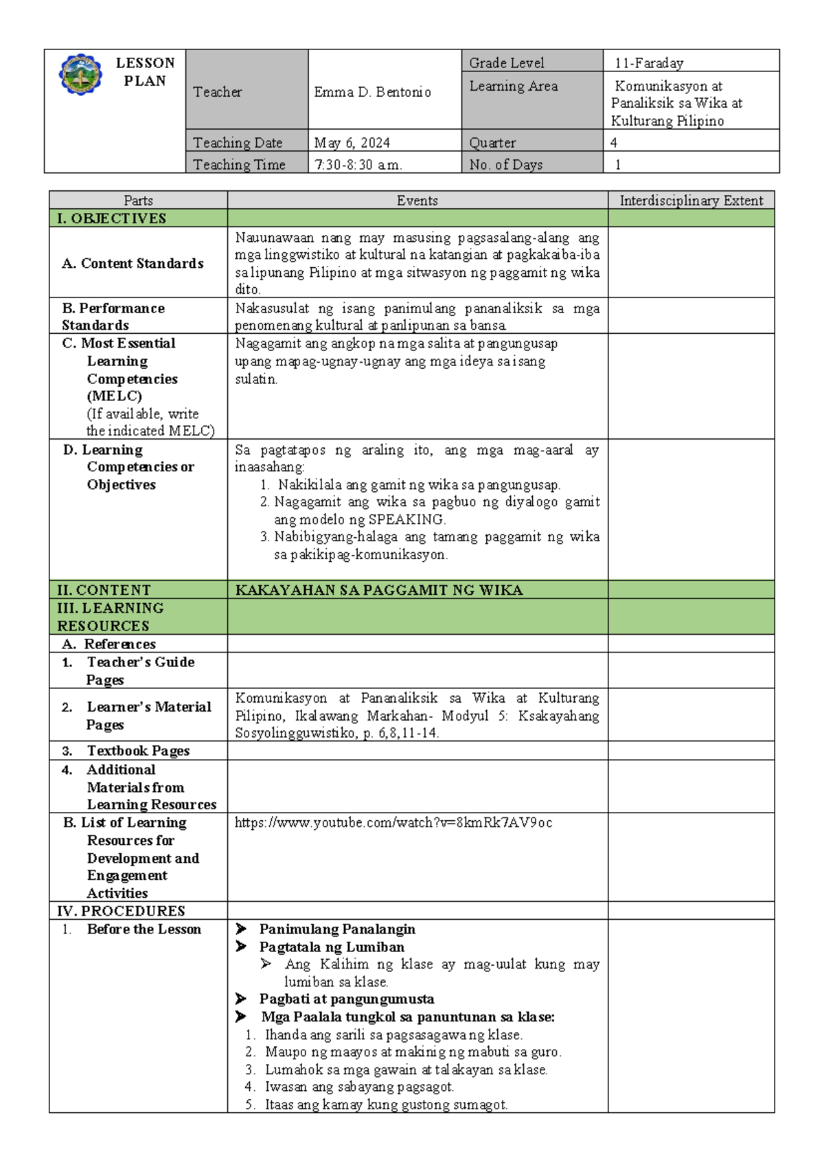 Lesson-Plan-for-CO-Suggested-Format - 4th Kwarter final.docx - LESSON PLAN Teacher Emma D ...