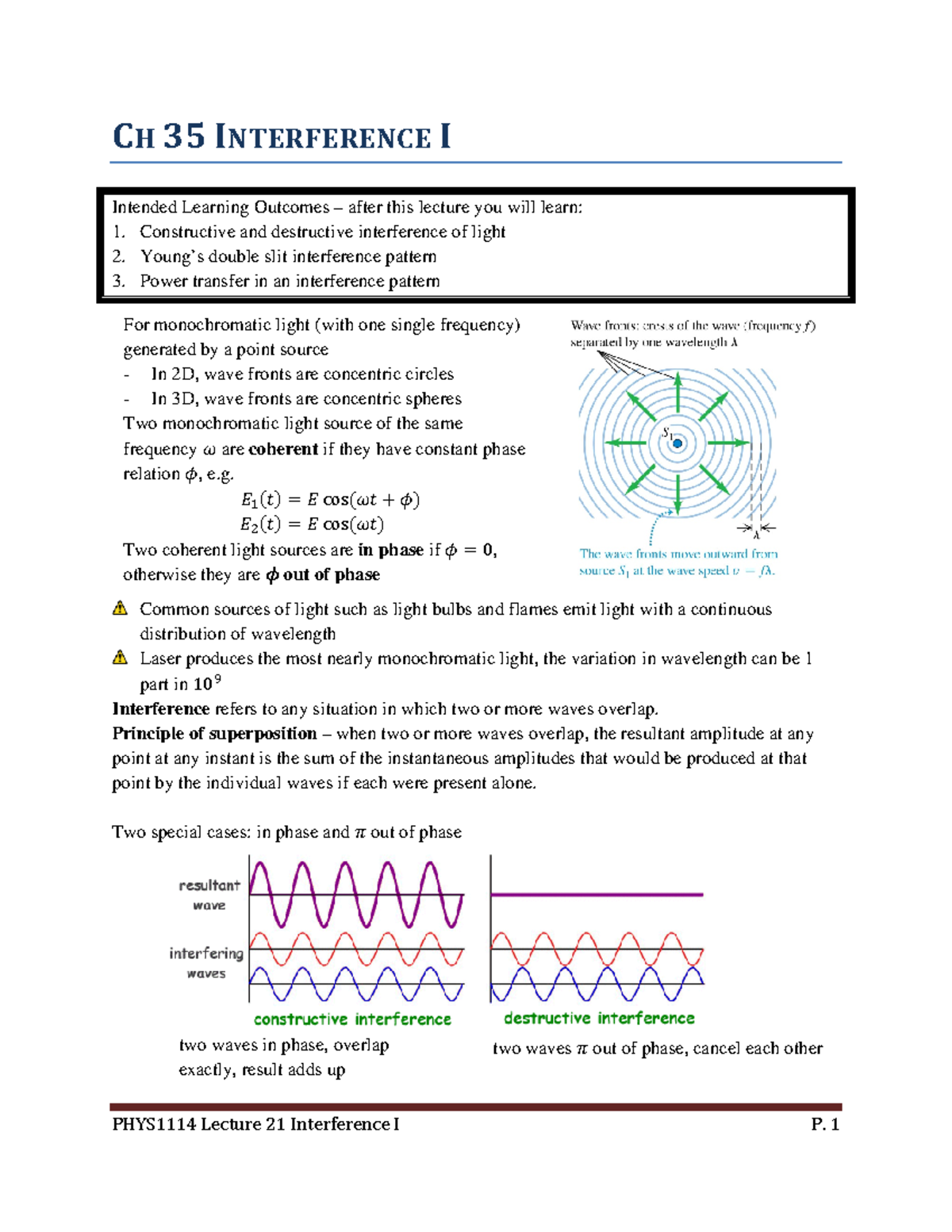 Lecture 21-ch35-1 - INTERFERENCE I - CH 35 INTERFERENCE I Intended ...
