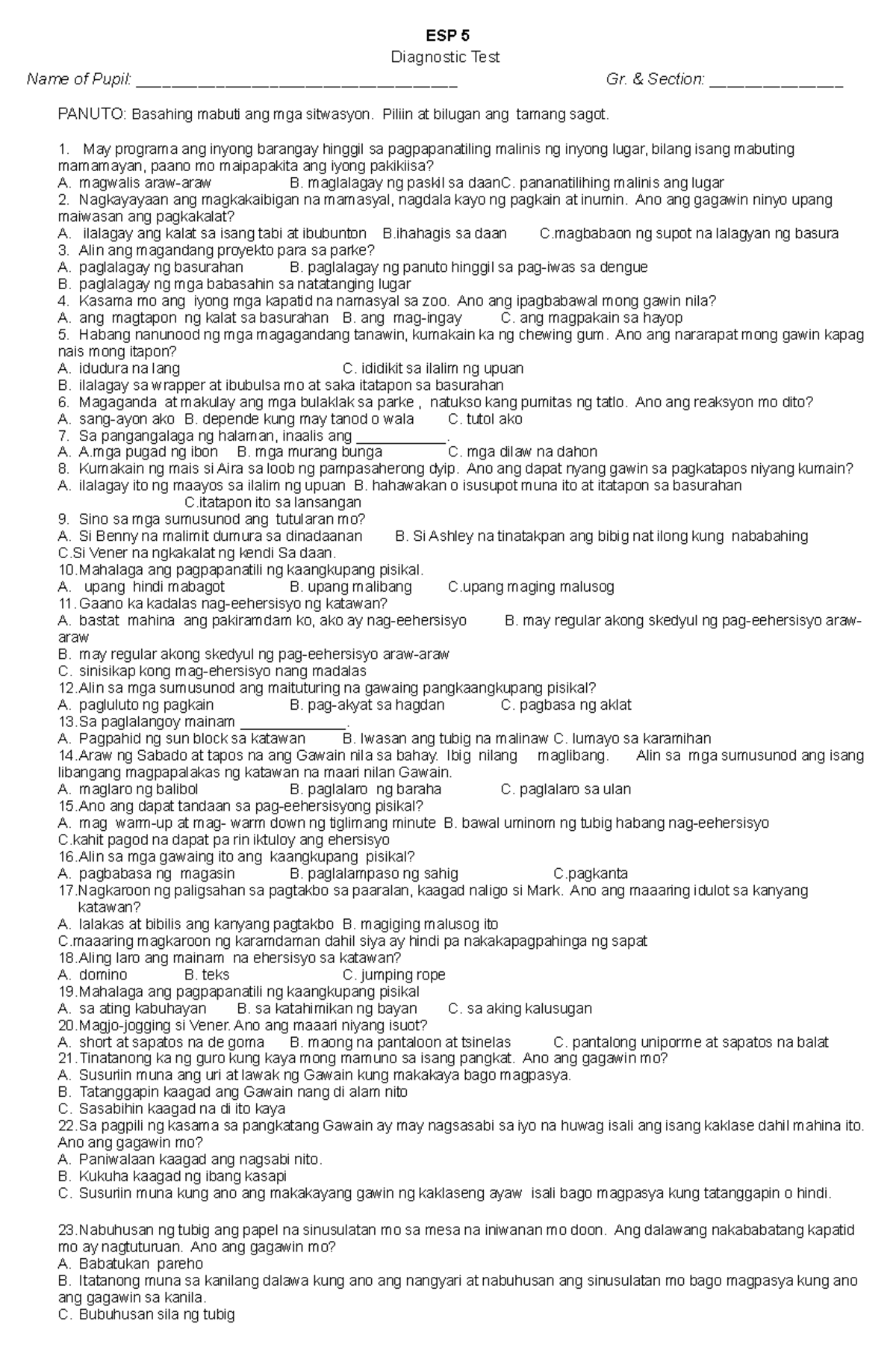 PRE-TEST Mathematics 5 - ESP 5 Diagnostic Test Name of Pupil