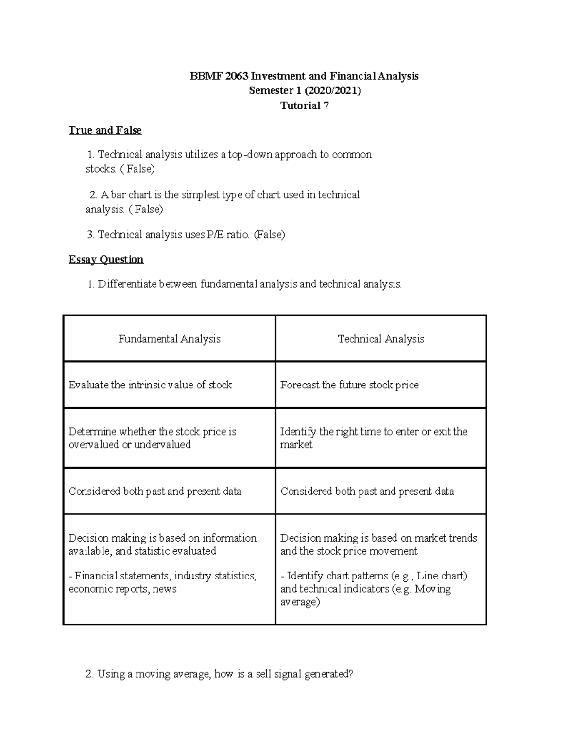 IFA Tutorial 7 - investment financial analysis - BBMF 2063 Investment ...