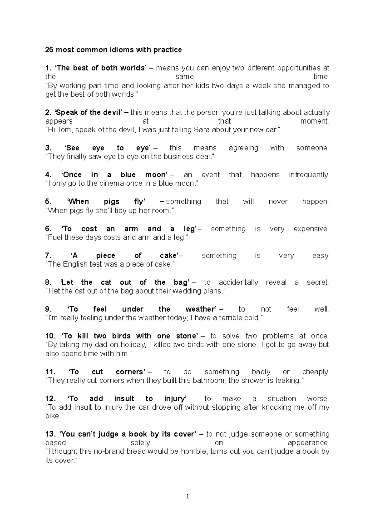 25 idioms with practice - **25 most common idioms with practice ‘The ...