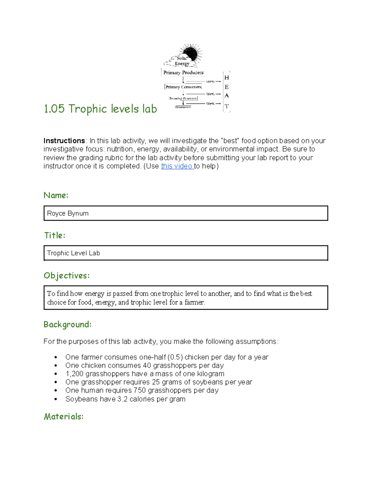 APES 1 - FWHAE - 1 Trophic levels lab Instructions: In this lab ...