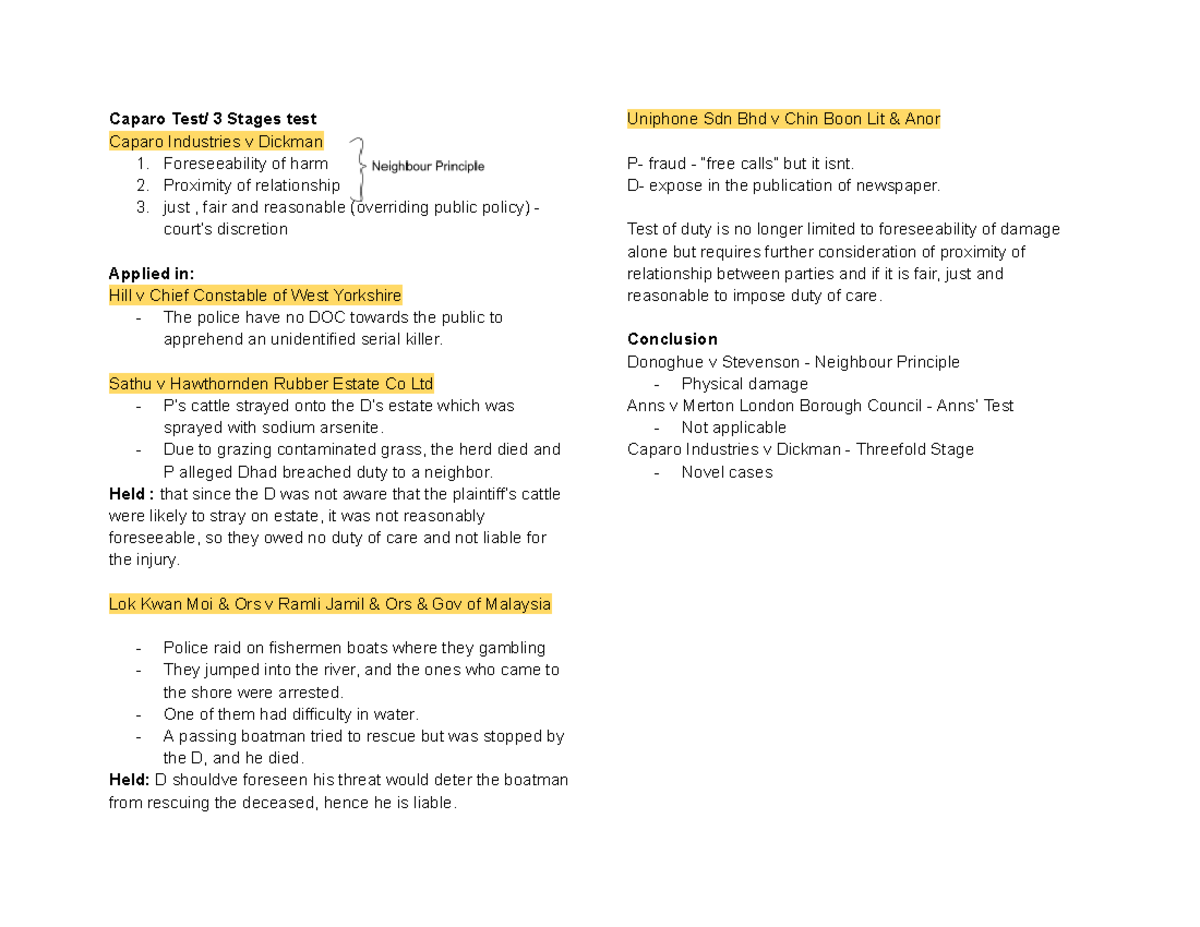 Torts II Notes - Caparo Test - Caparo Test/ 3 Stages test Caparo ...