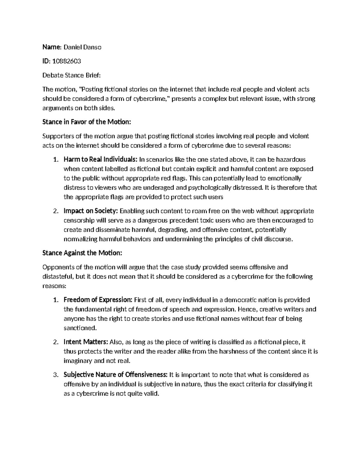 Debate review Assn-10882603 - Name: Daniel Danso ID: 10882603 Debate ...