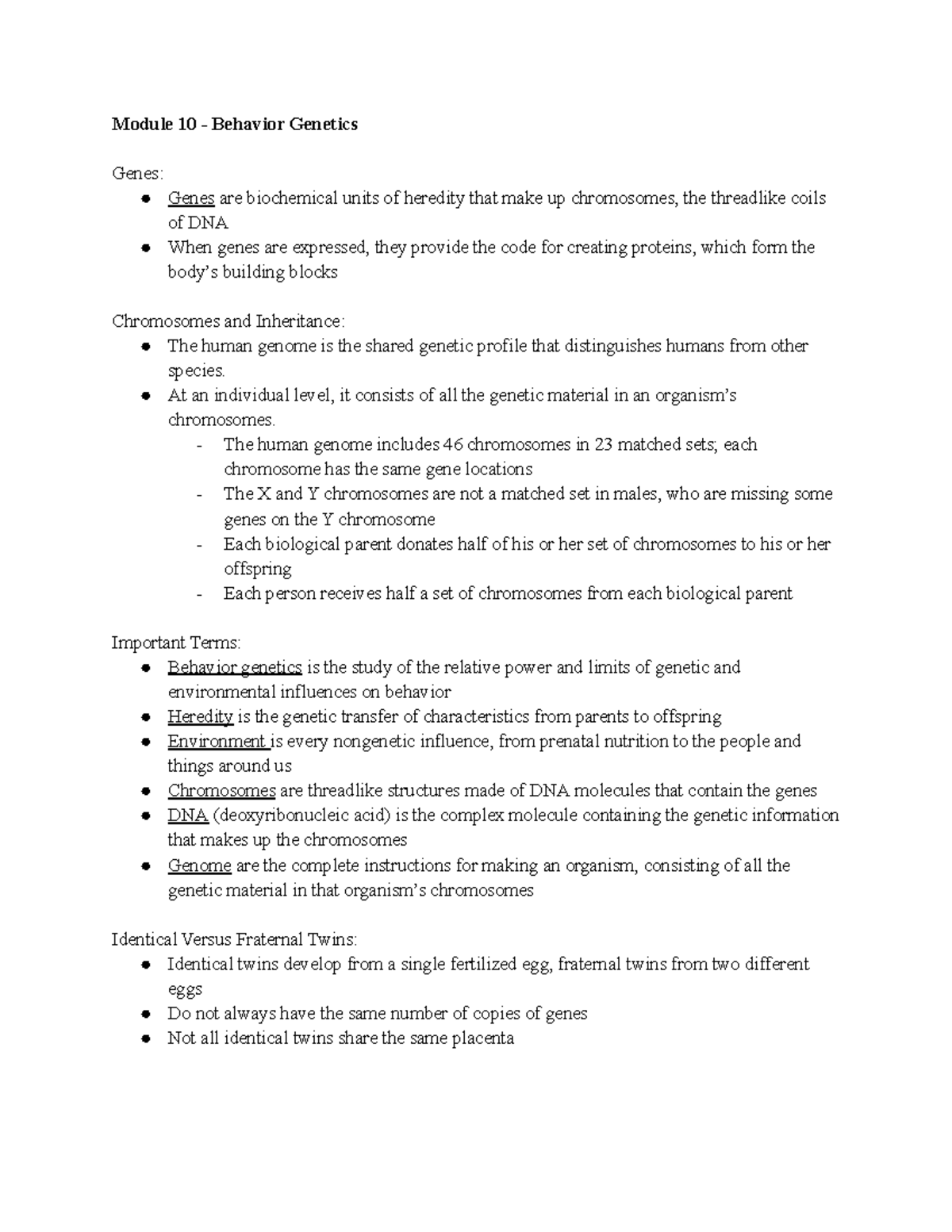 PSYC 111 Module 10 Notes - Module 10 - Behavior Genetics Genes: Genes ...