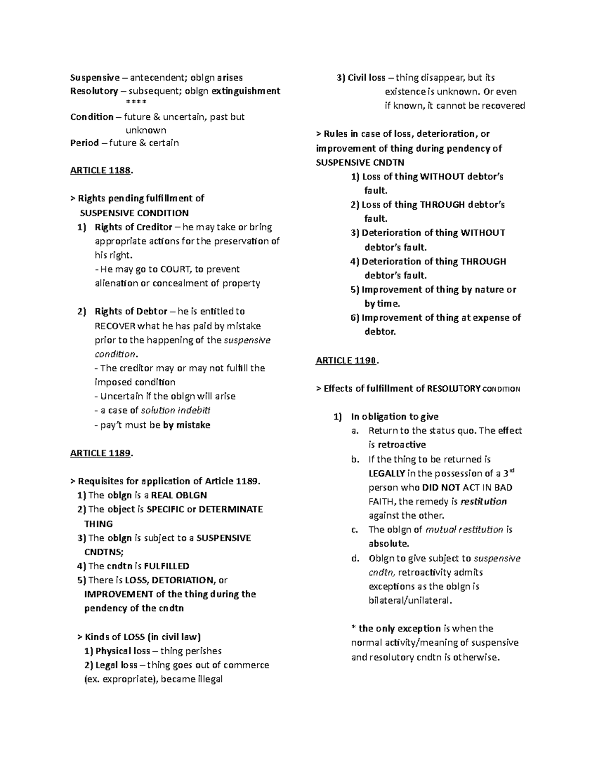 ART. 1188 - 1196 - Suspensive – antecendent; oblgn arises Resolutory ...