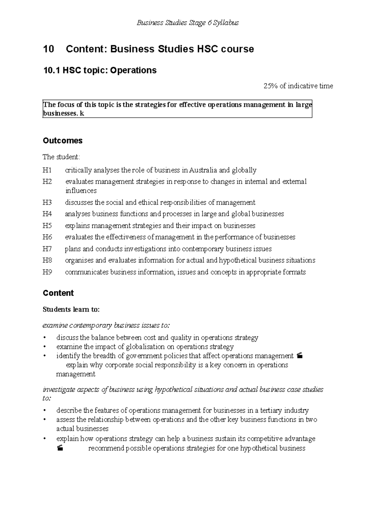 Operations Syllabus - notes - Business Studies Stage 6 Syllabus 10 ...