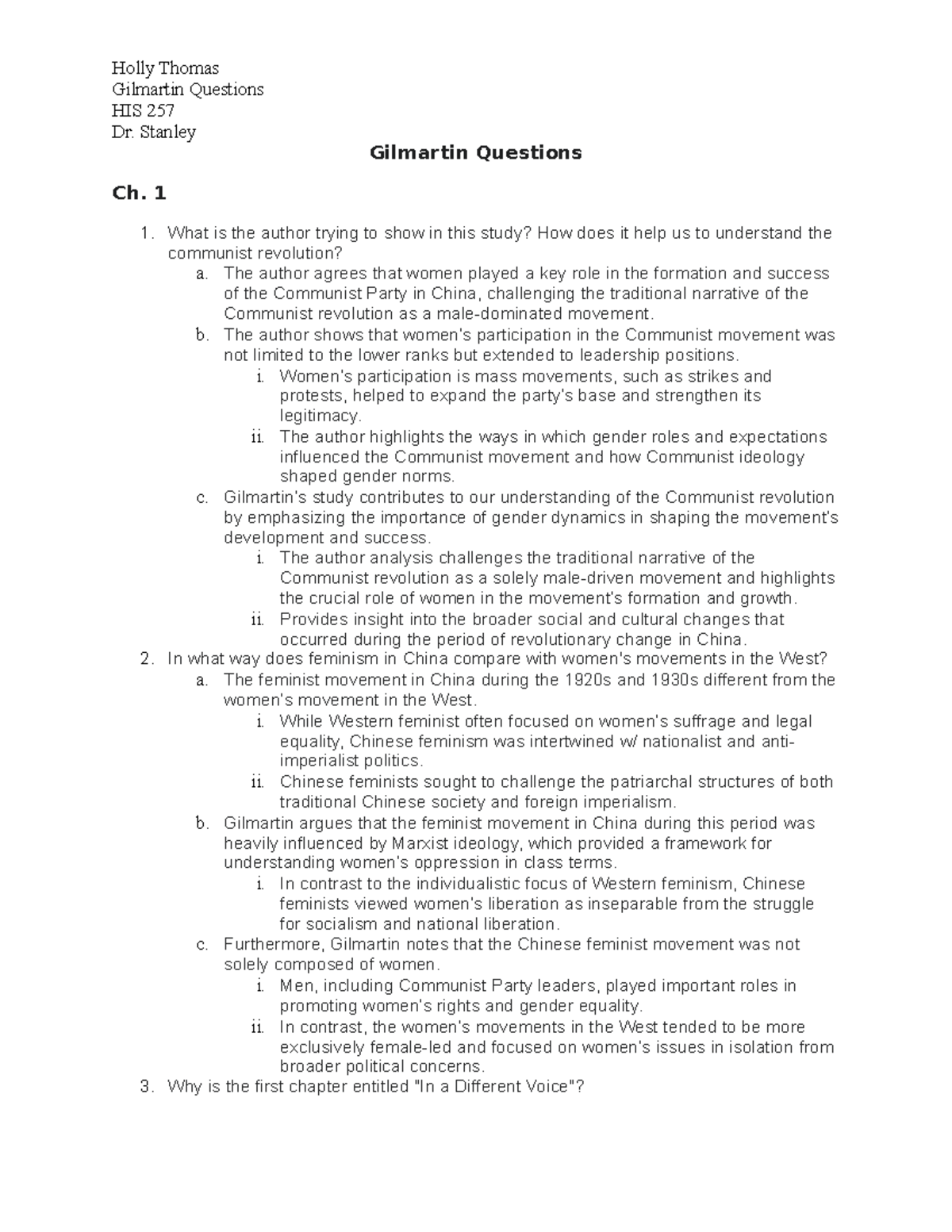 Gilmartin Questions - Dr. Gabriel - Holly Thomas Gilmartin Questions ...