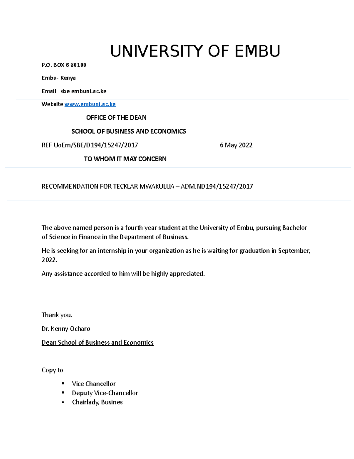 University OF EMBU by Tecklar - UNIVERSITY OF EMBU P. BOX 6 60100 Embu ...