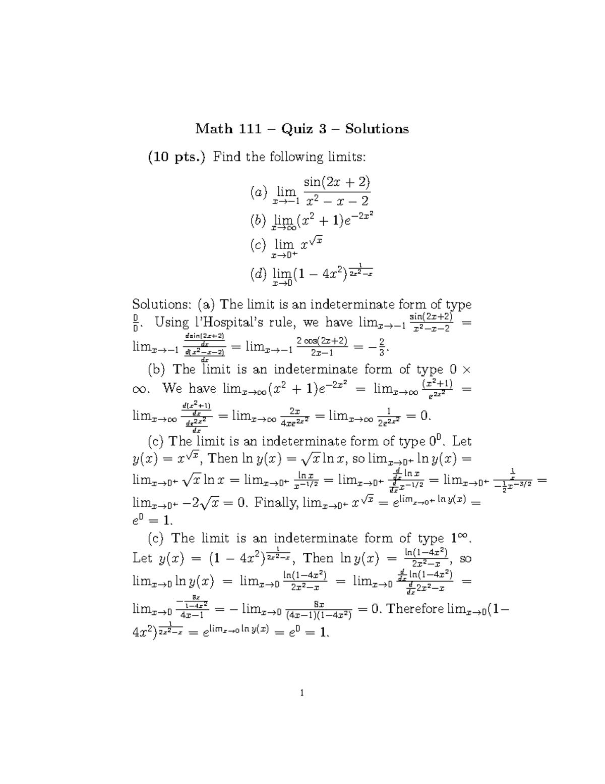 Quiz3 - Solution - Math 111 – Quiz 3 – Solutions (10 pts.) Find the ...