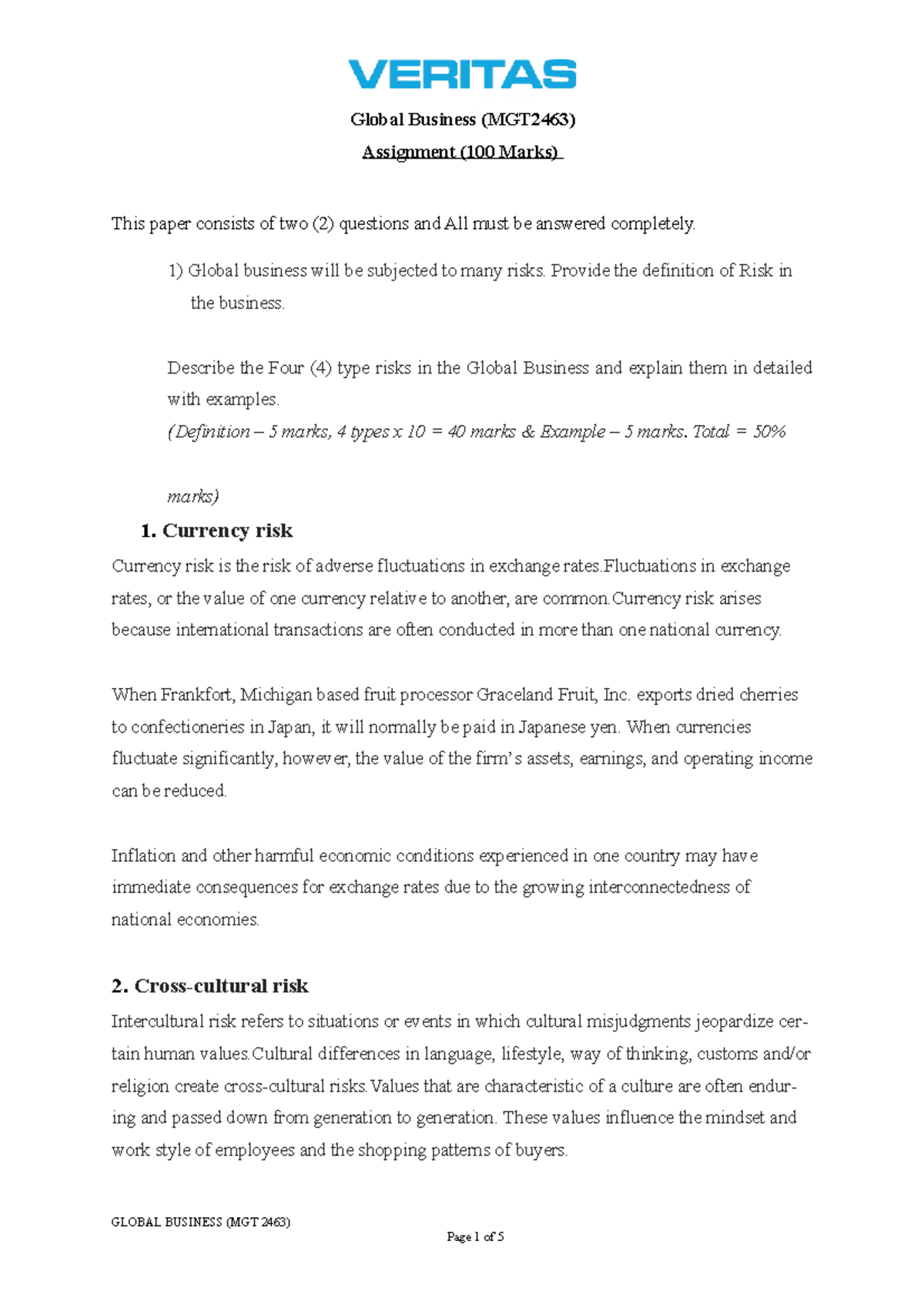 Assignment - Global Business - Global Business (MGT2463) Assignment ...