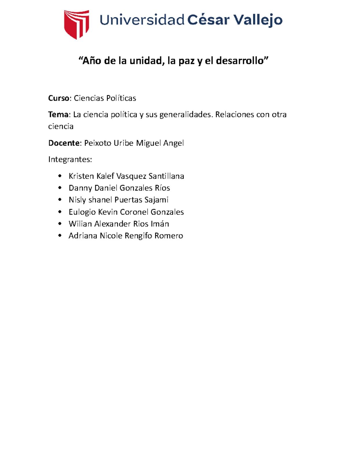 Año De La Unidad “año De La Unidad La Paz Y El Desarrollo” Curso