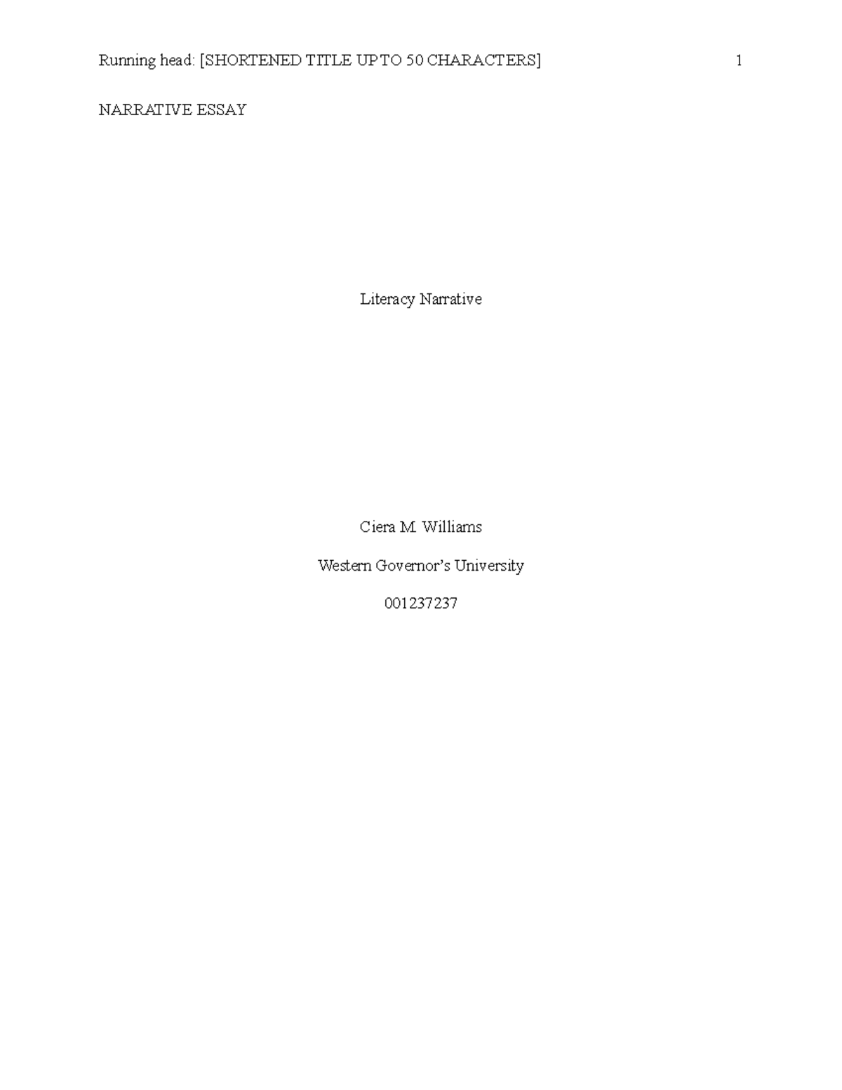 Literacy Narrative - Task 1 essay - Running head: [SHORTENED TITLE UP ...