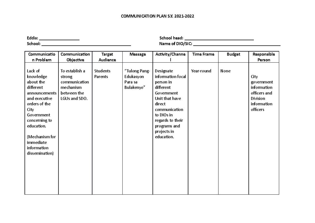 Communication-Plan - This a sample of a communication plan that can be ...