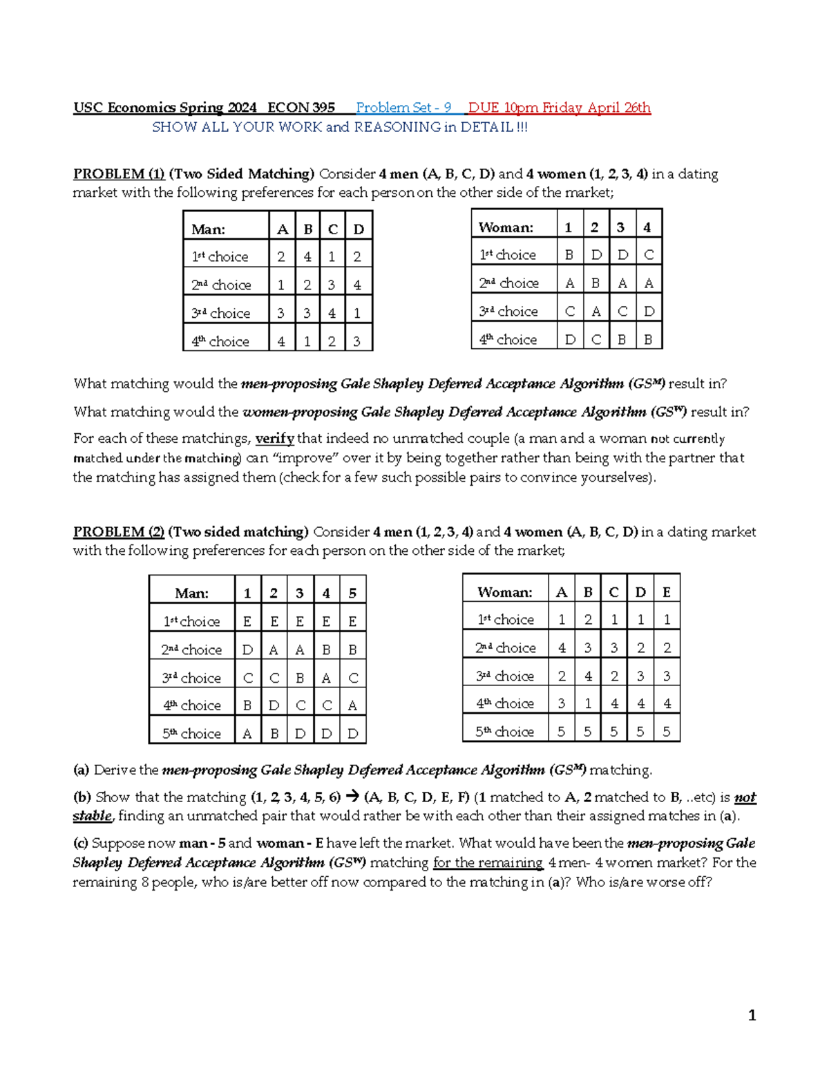 ECON 395 Spring 2024 Problem Set 9 - due 10pm Friday April 26th - 1 USC ...
