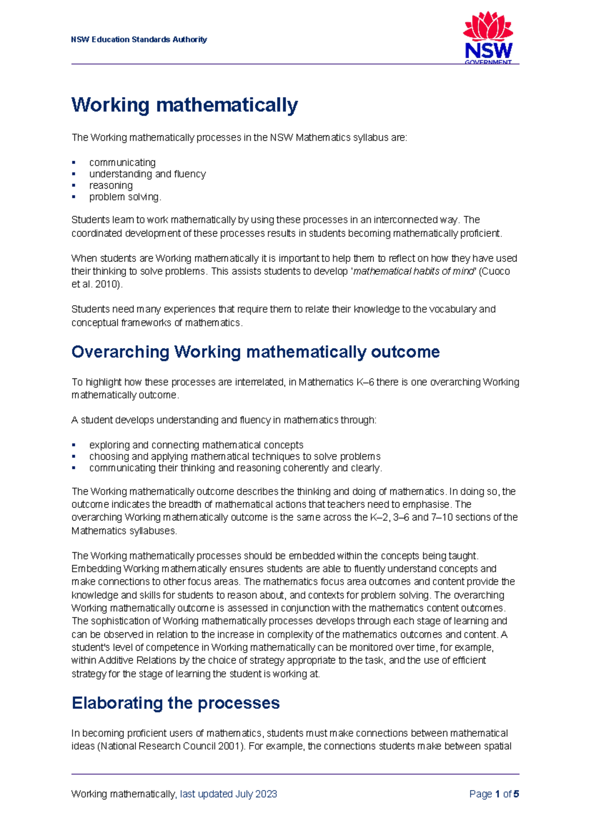 Elaborating on working mathematically k 10 - NSW Education Standards ...