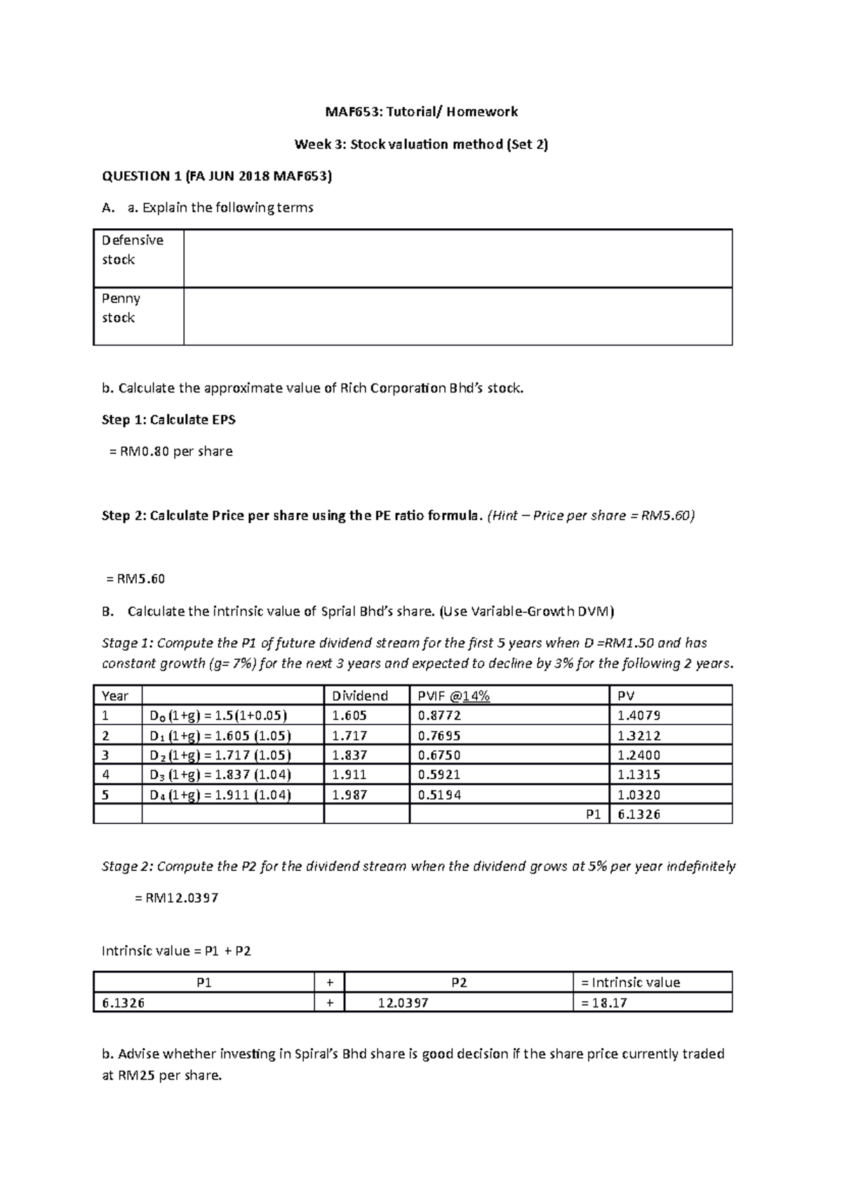 WEEK 3 SS MAF653 SET 2 Tutorial stock valuation method - MAF653: Tutorial/ Homework Week 3 ...
