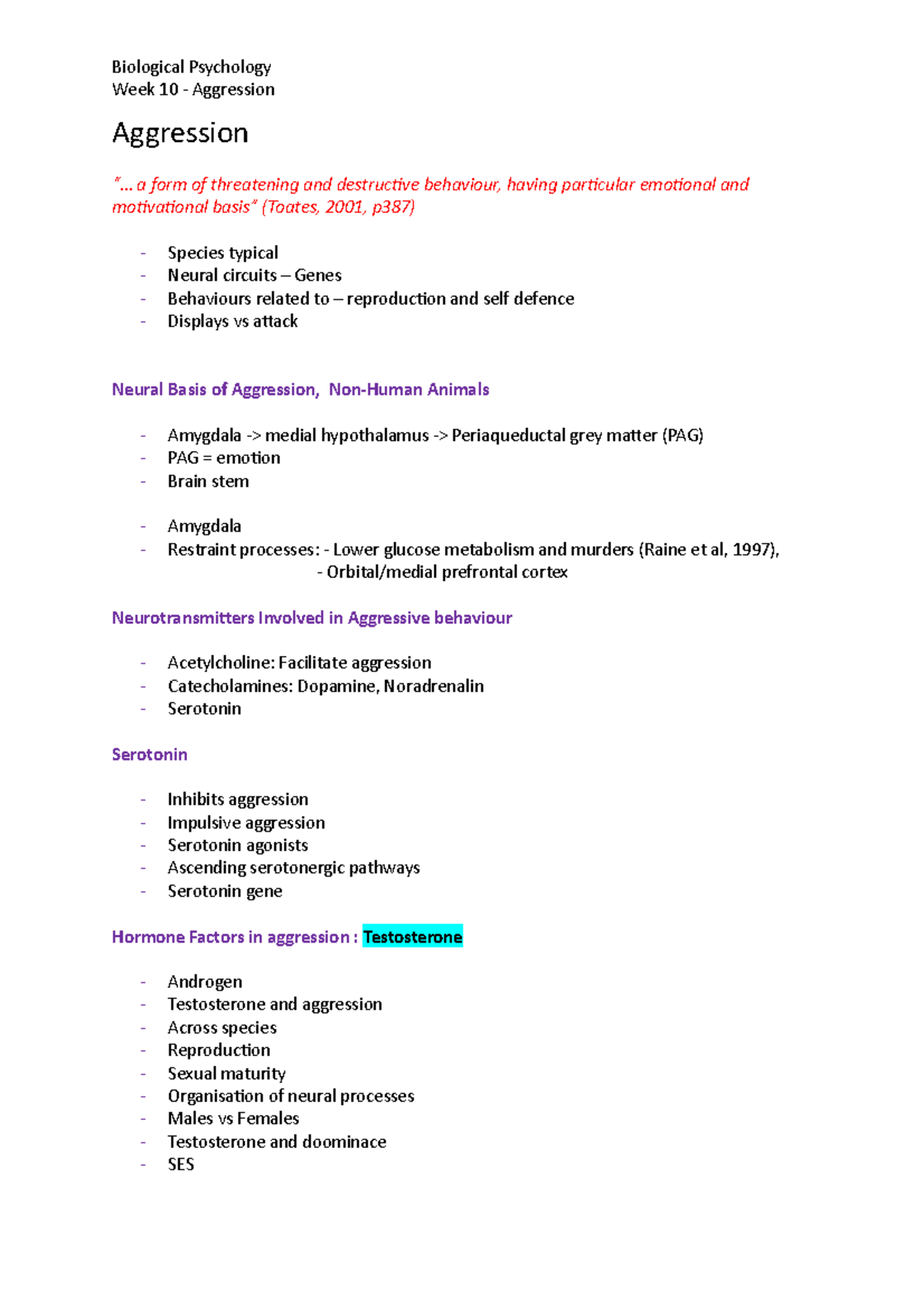 Week 10 - Aggression Behaviour - psychology - Week 10 - Aggression ...