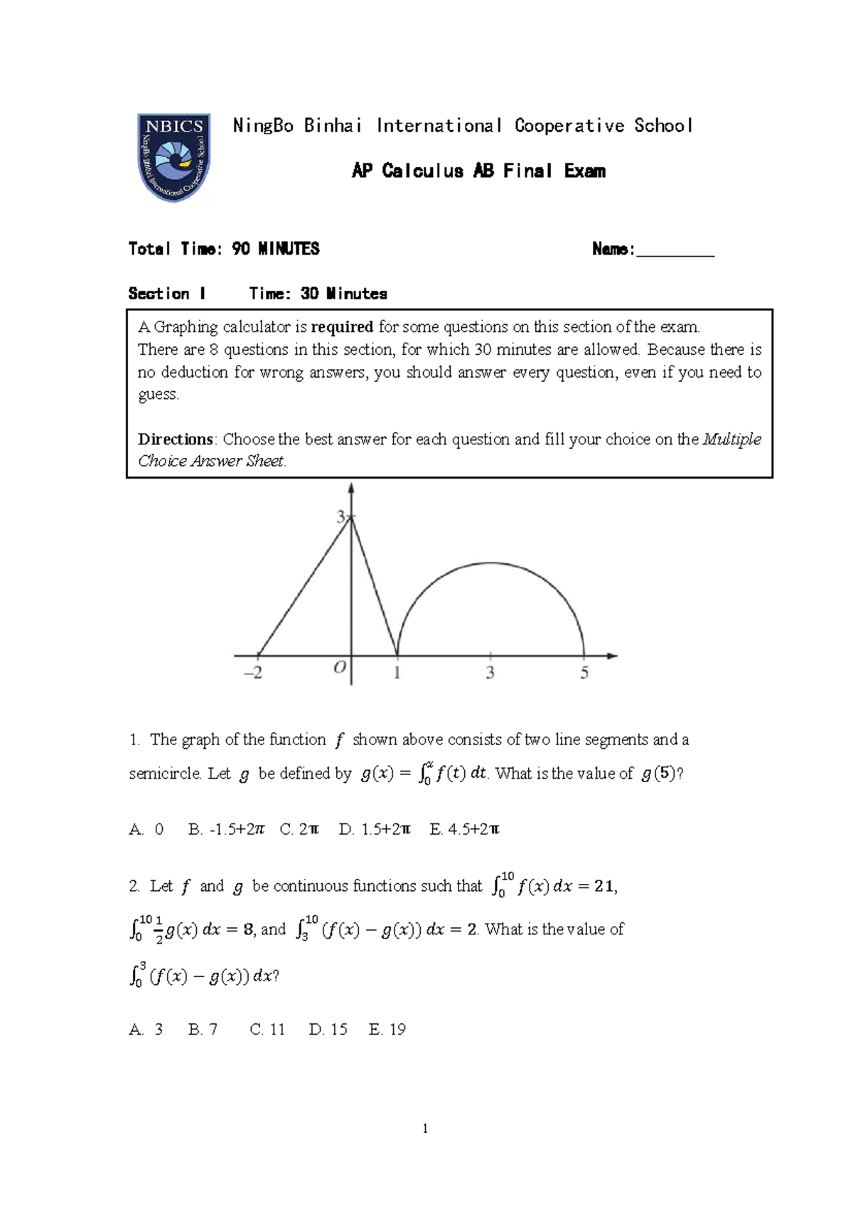 Final Exam AP Calculus AB Gra - NingBo Binhai International Cooperative ...